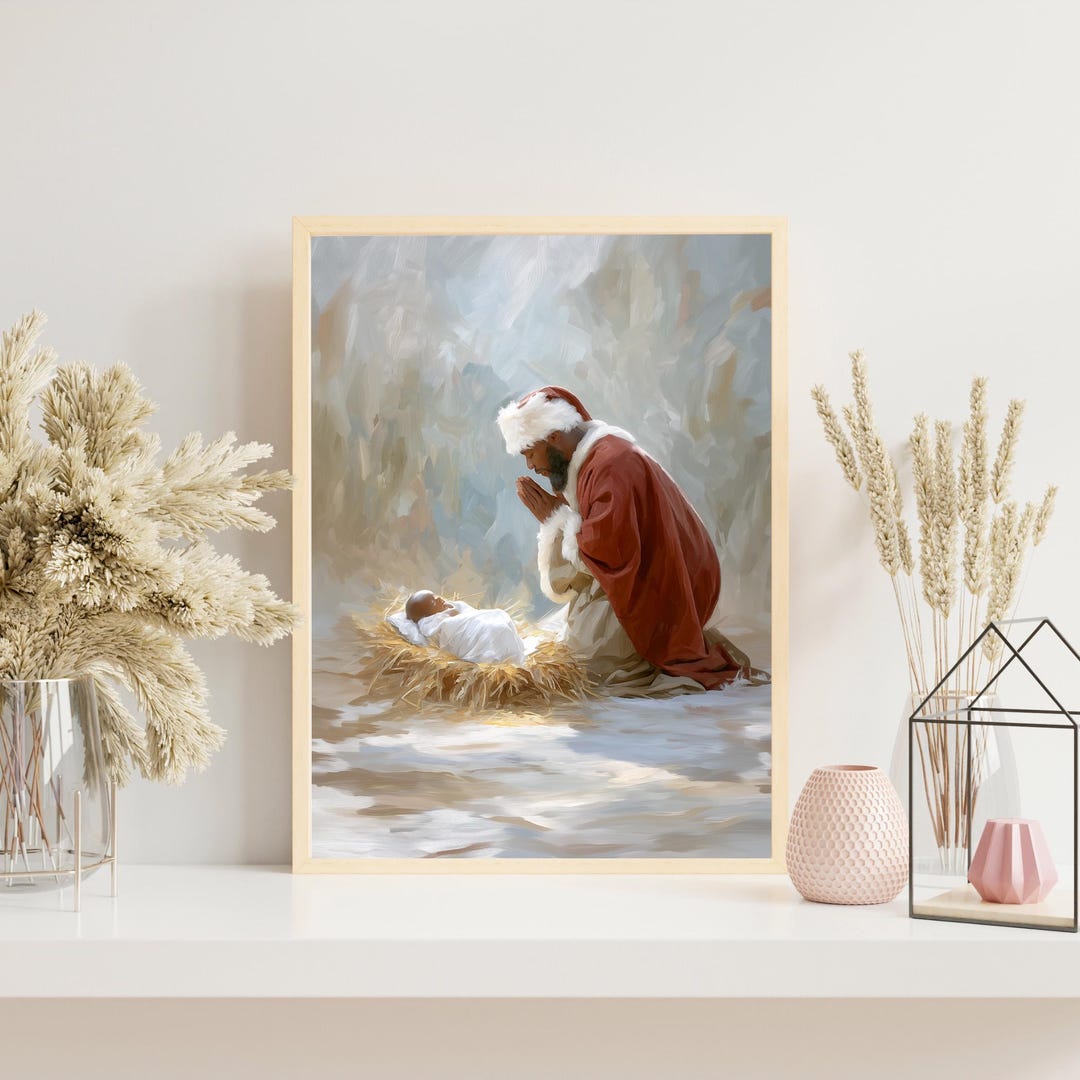 Black Santa Nativity, Santa Prays to Jesus, Printable Xmas Prayer, Afro ...