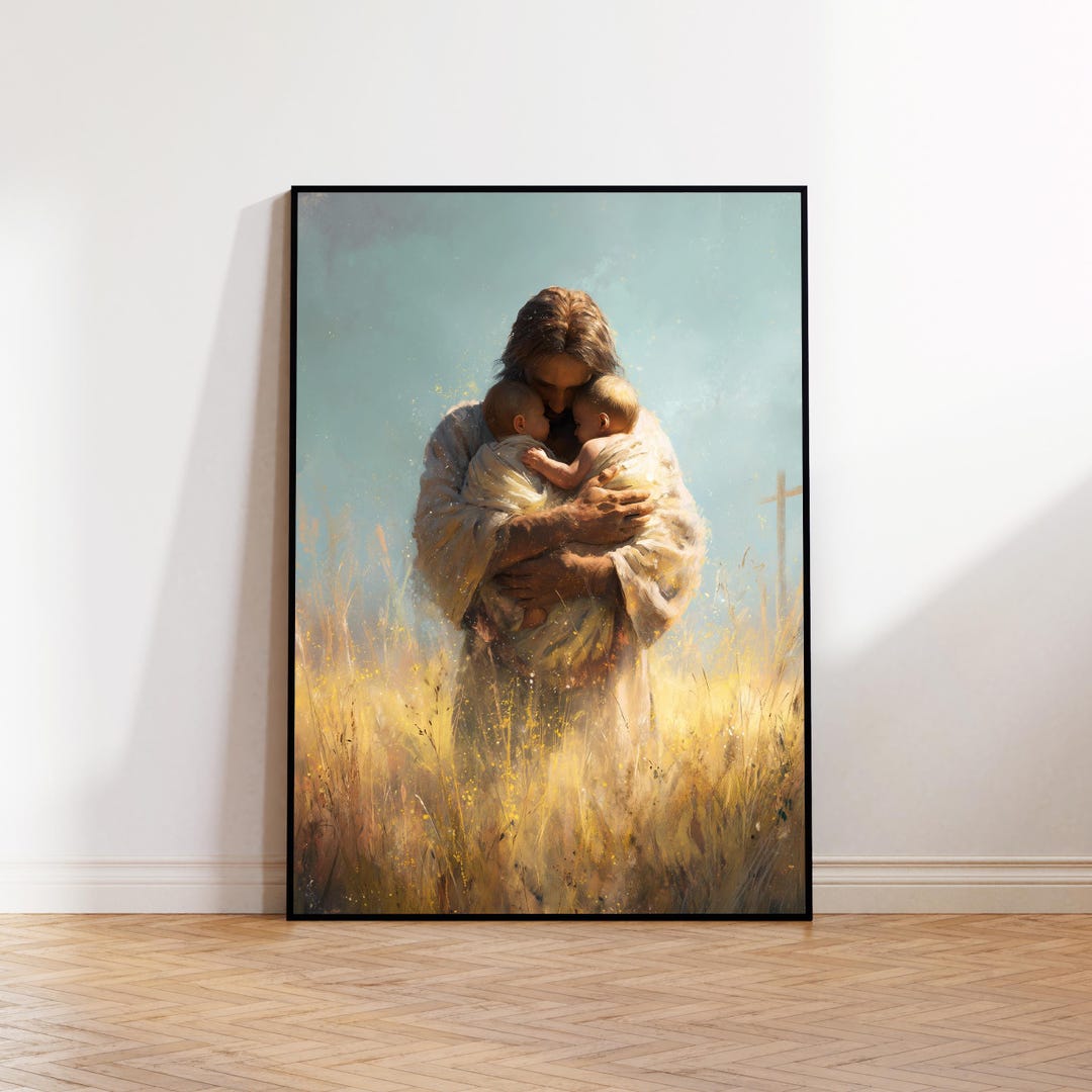 Jesus Cradling Twin Babies, Memorial Digital Art, Golden Aura Printable ...