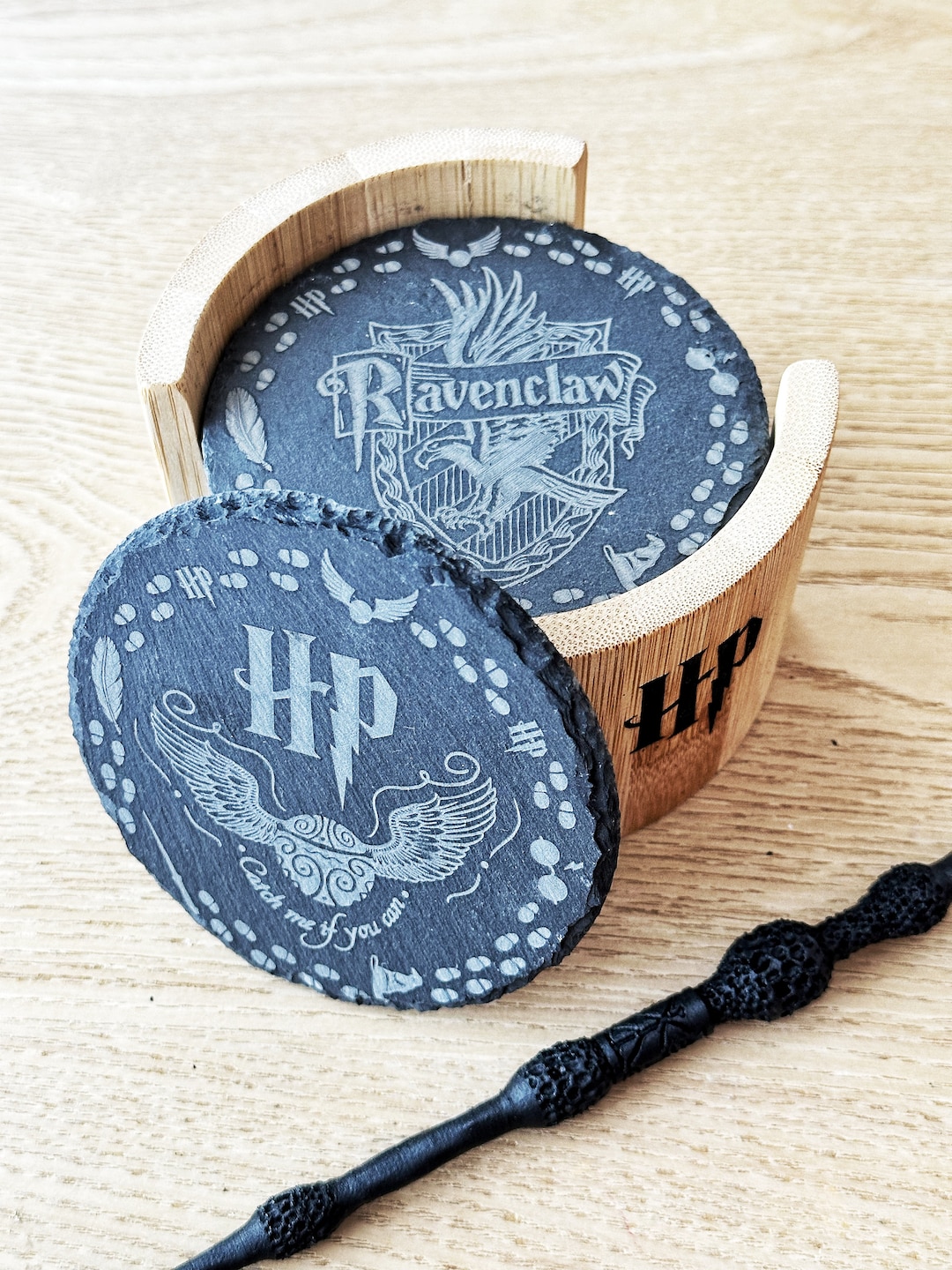6 Sous-verres en Ardoise HARRY POTTER gravés au Laser avec support en ...