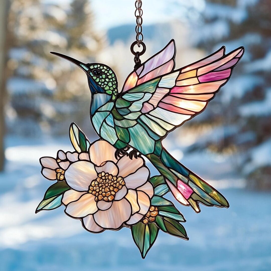Hummingbird and Peony Flower Window Hanging Acrylic Ornament ...