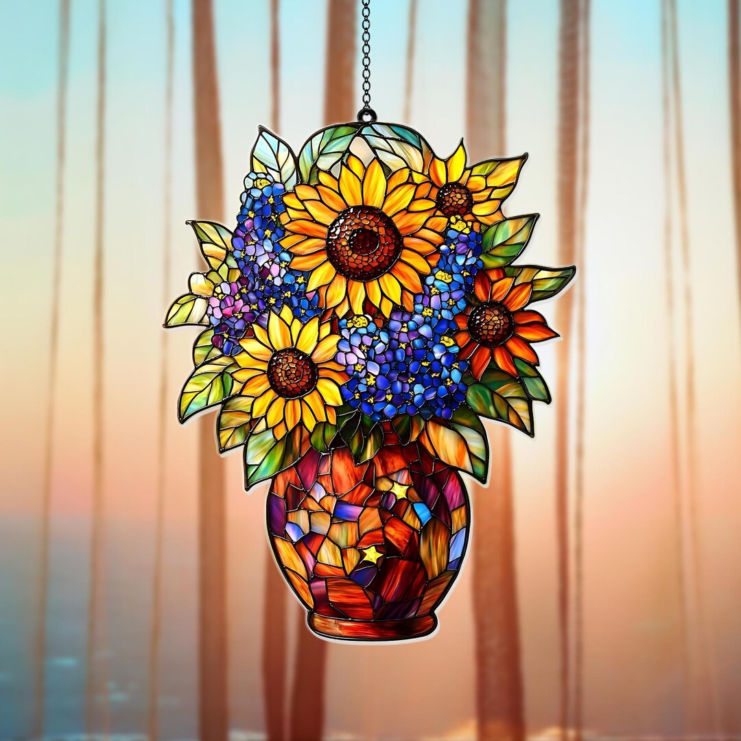 Sunflower Floral Acrylic Suncatcher, Faux Stained Glass Sunflower ...