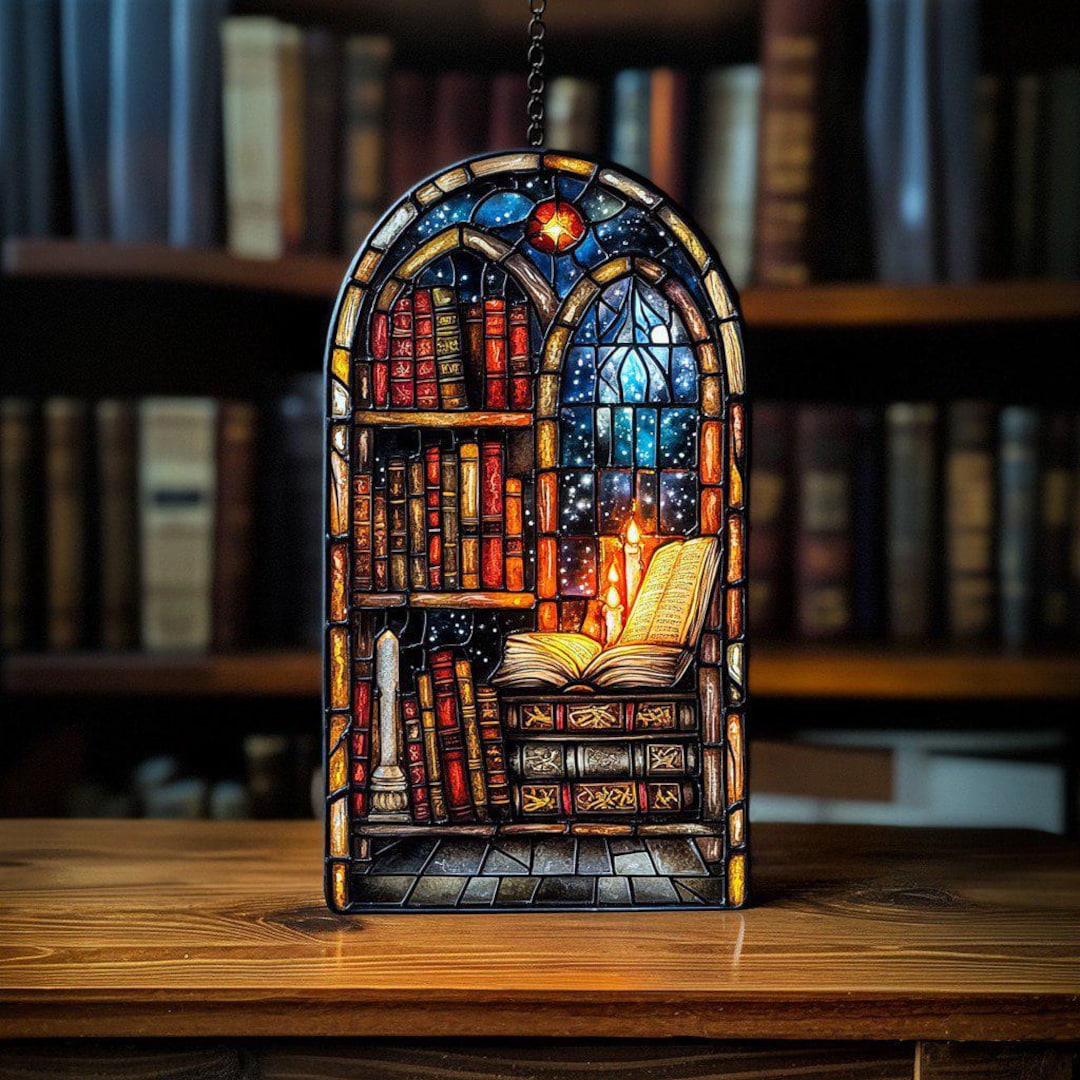 Library Bookshelf Acrylic Ornament Library Window Hanging Book Lover ...