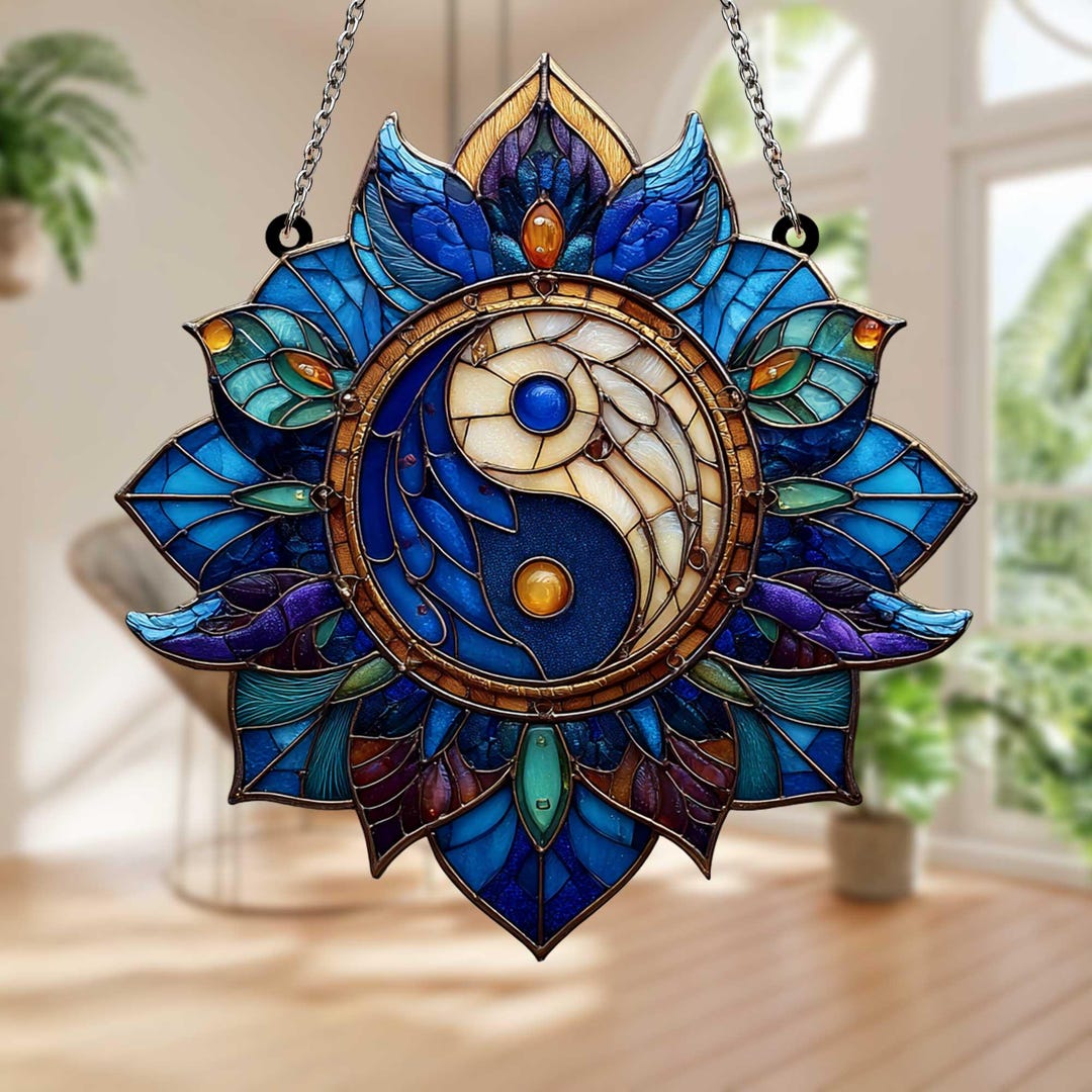 Celestial Yin Yang Acrylic Suncatcher Faux Stained Glass Lotus Mandala ...