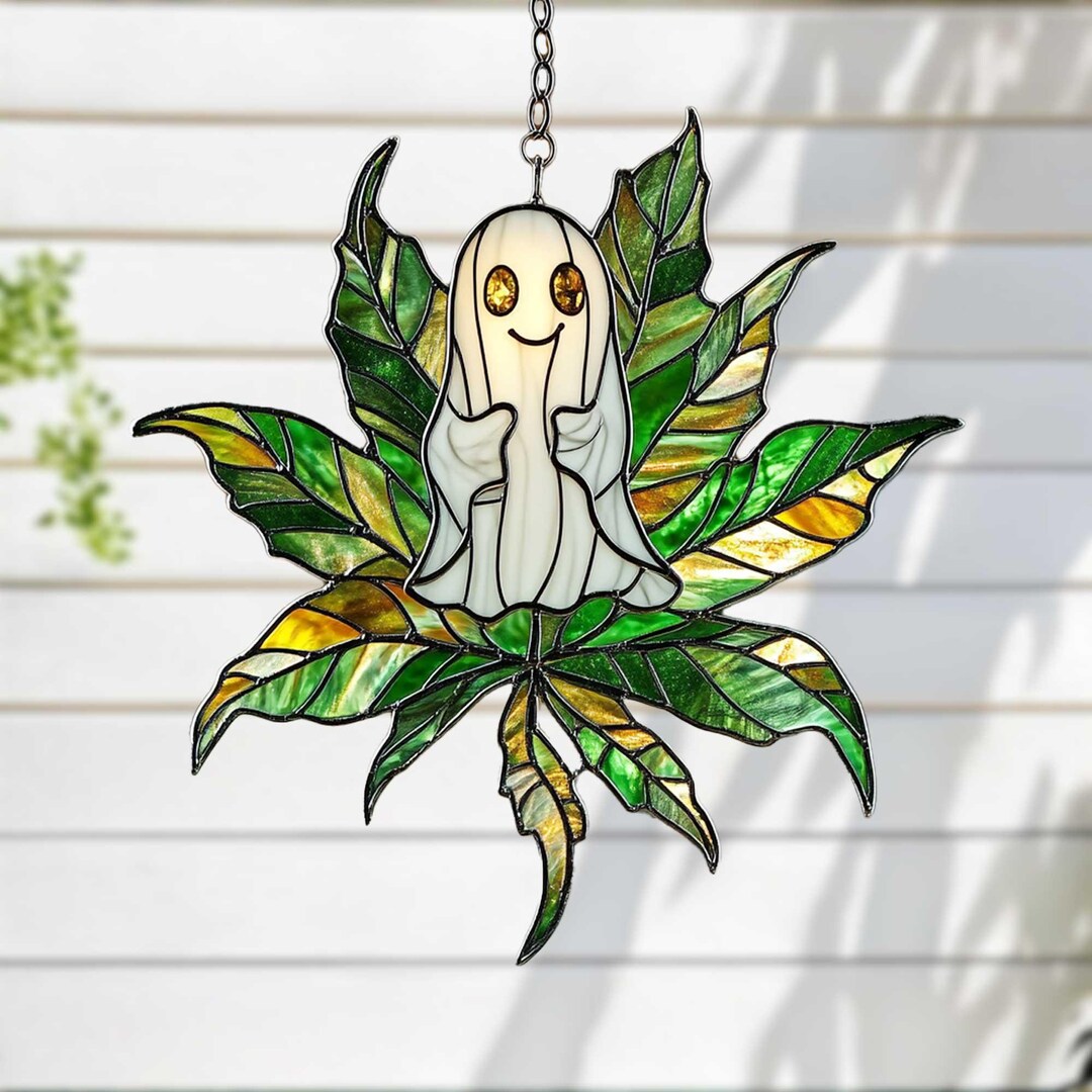 Ghost and Marijuana Leaf Faux Stained Glass Suncatcher, Funny 420 ...
