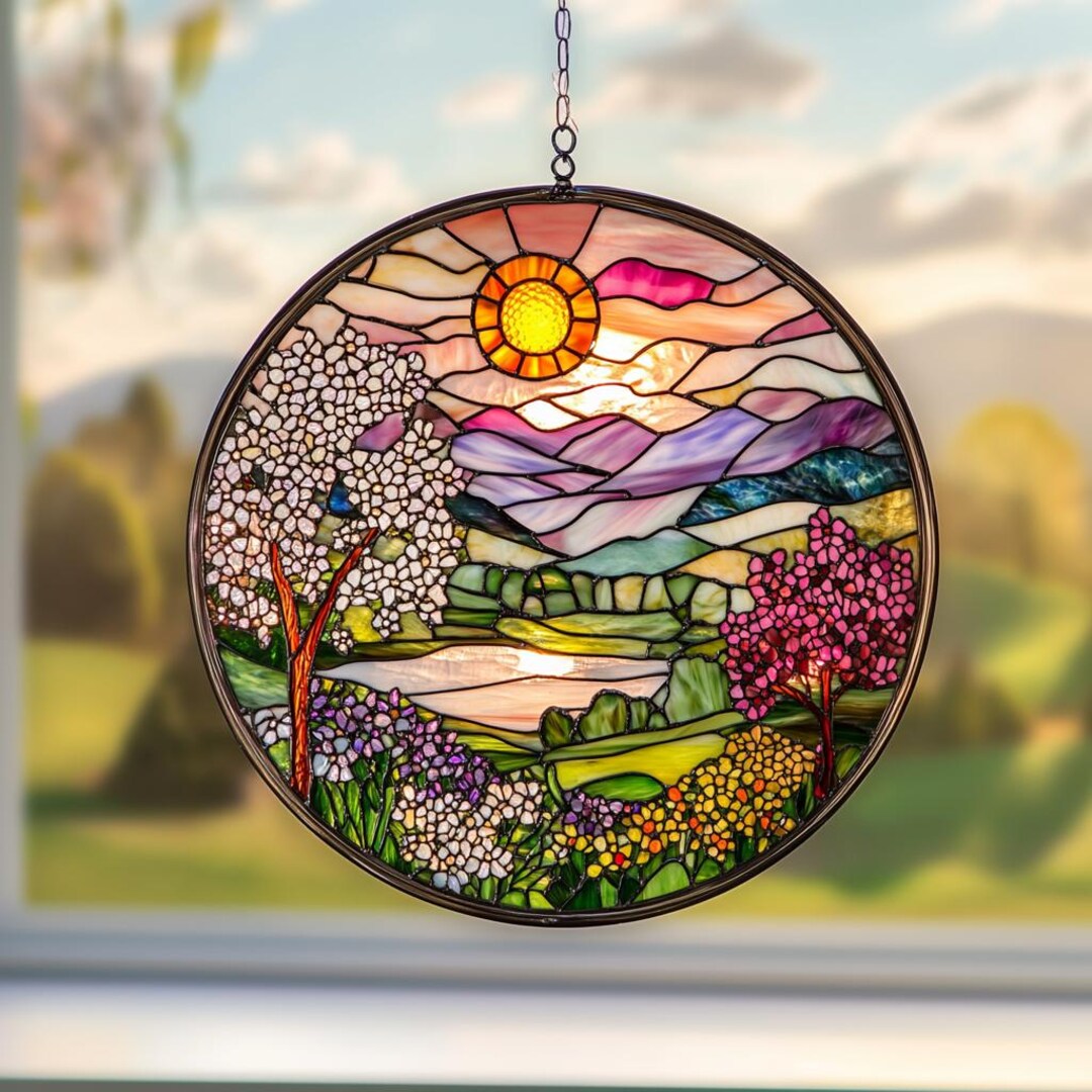 Mountain Range Sunrise Suncatcher Spring Window Hanging Sun Catcher ...