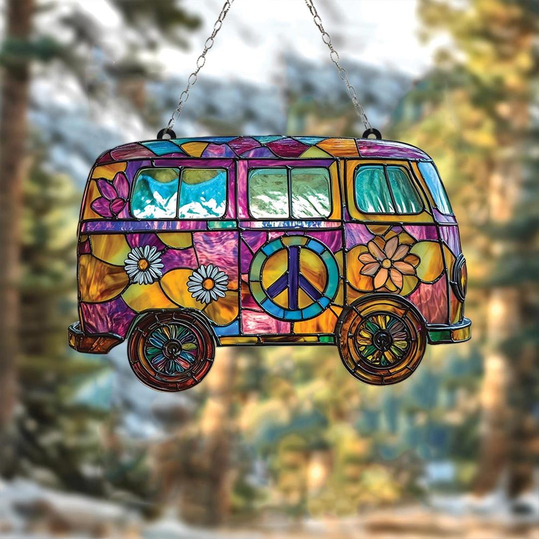 Colorful 70s Hippie Van Faux Stained Glass Suncatcher, Hippie Peace ...