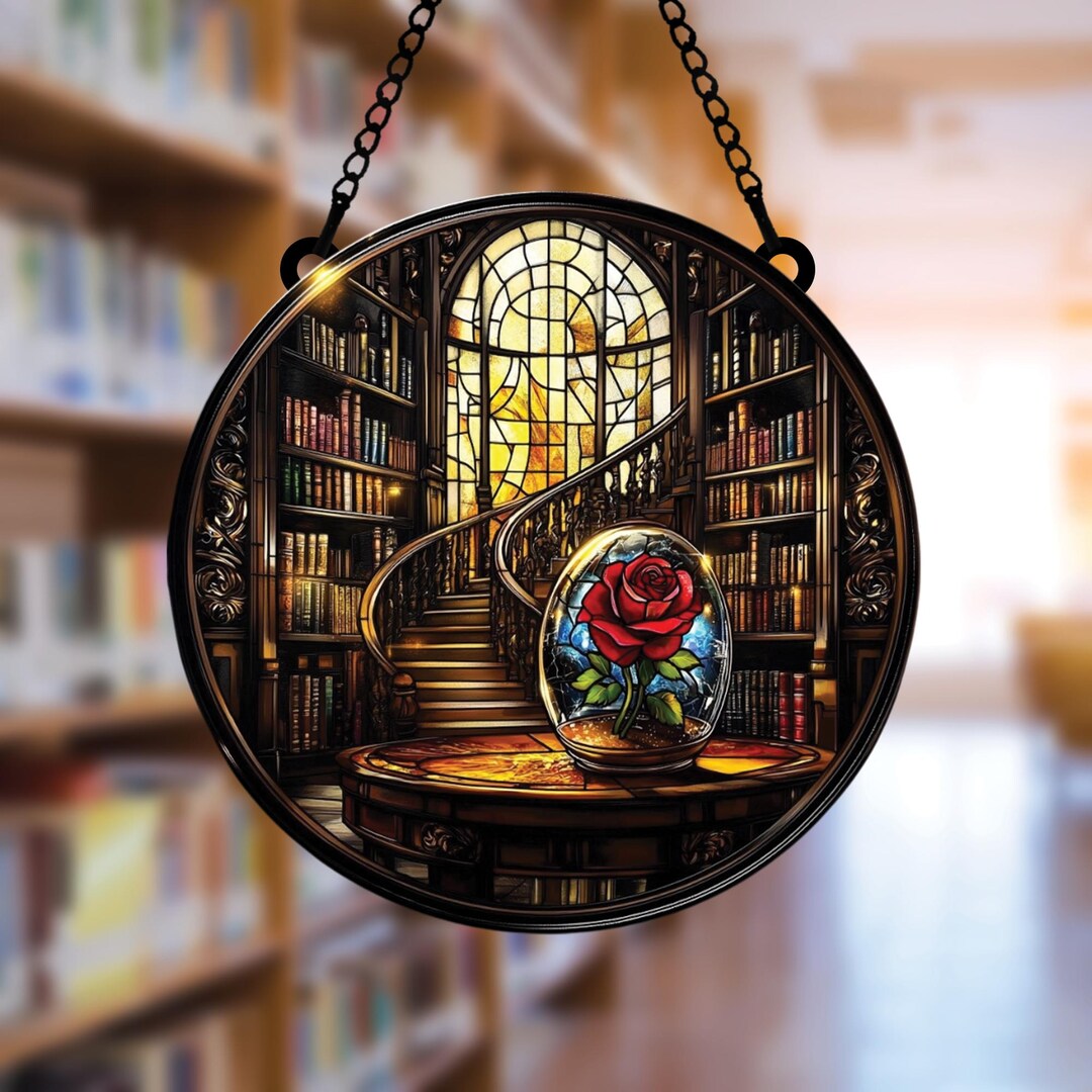 Beauty and the Beast Book Suncatcher, Faux Stained Glass Belle & Beast ...
