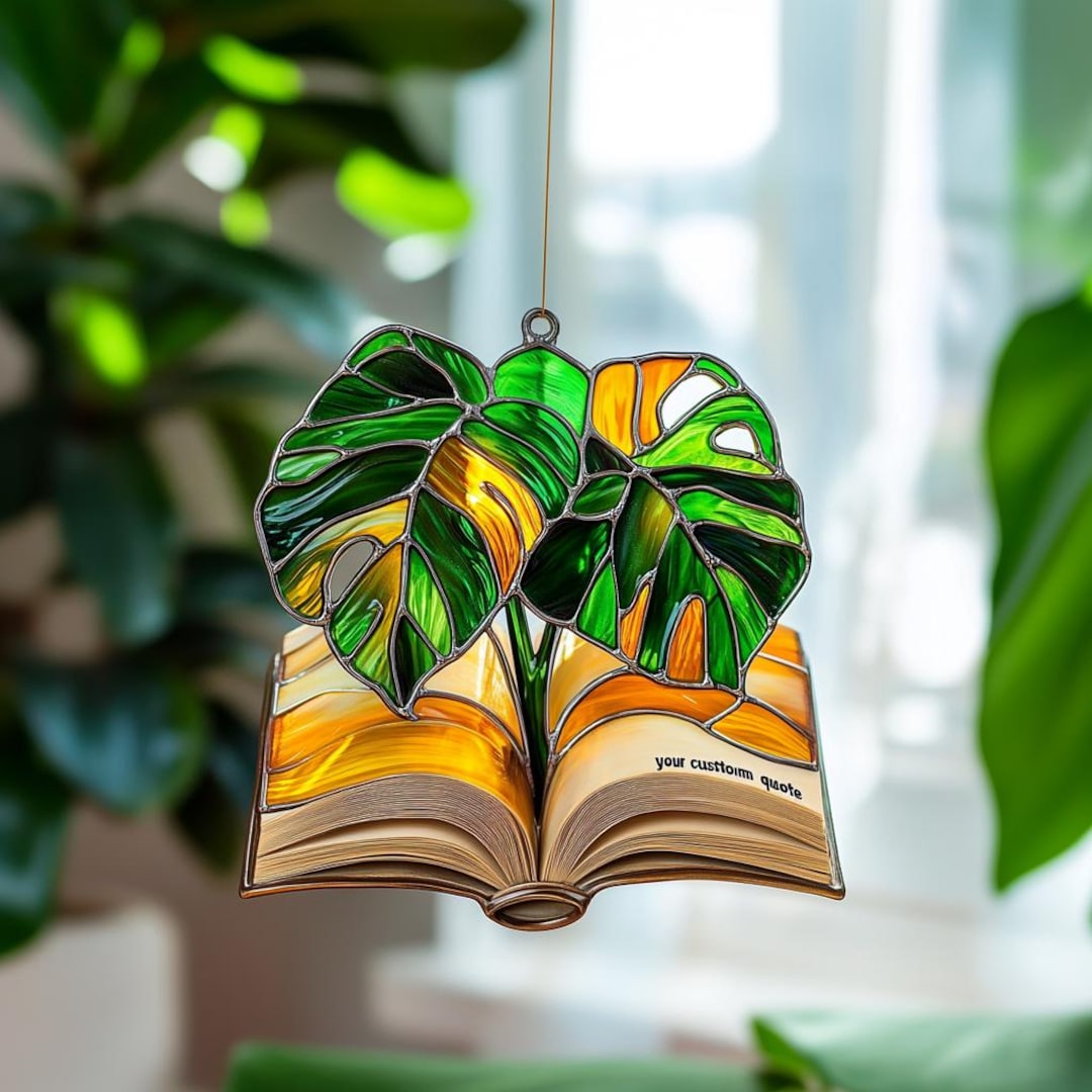 Monstera Leaves Bookish Acrylic Window Hanging, Plant Book Suncatcher ...