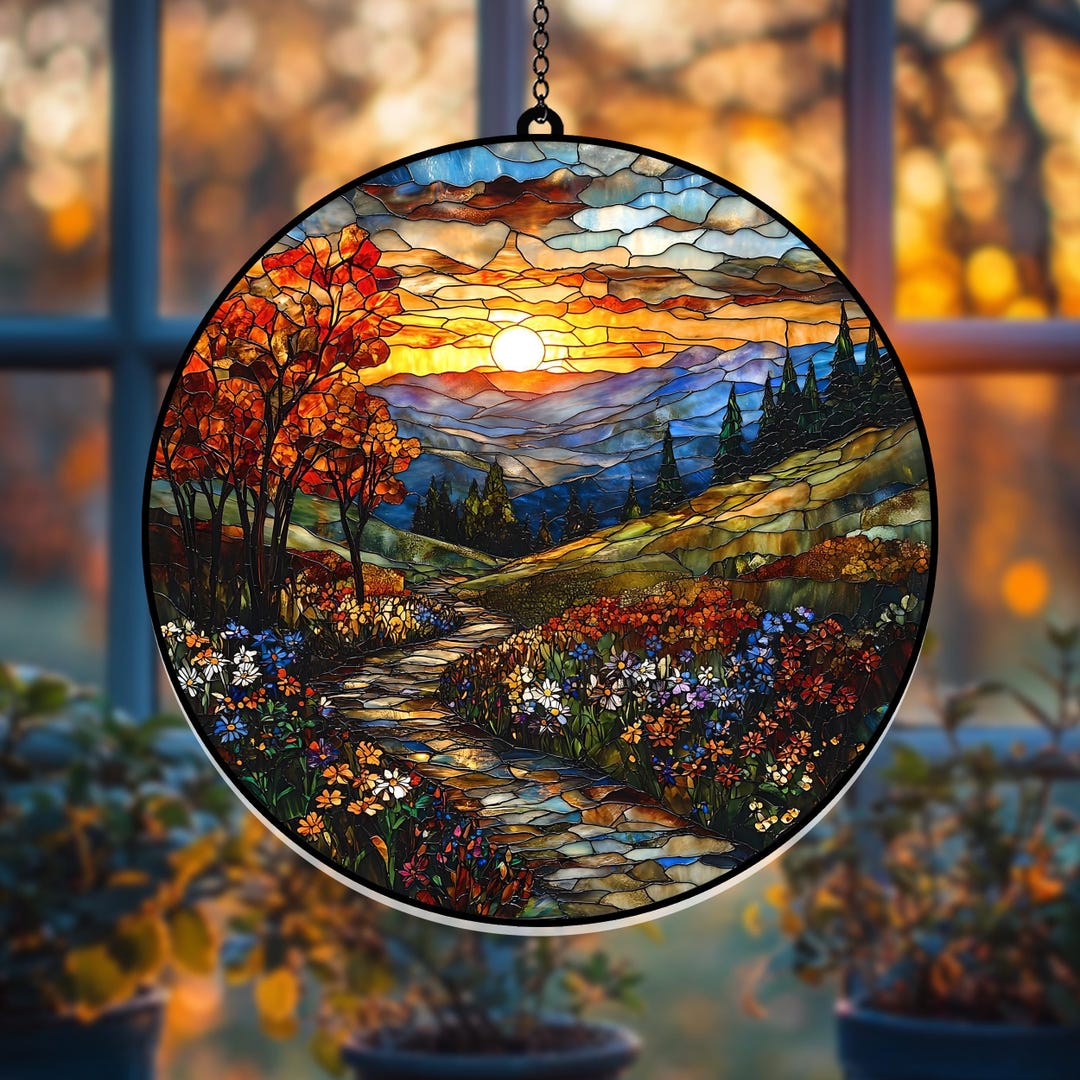 Mountain Range GLASS Window Decor, Landscape Acrylic Ornament, Gift for ...