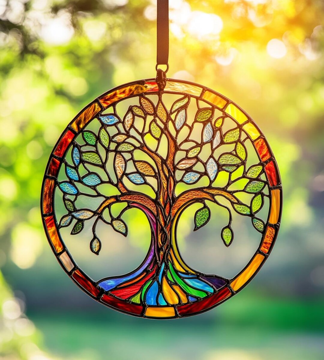 Glass Tree of Life Suncatcher, Acrylic Ornament Window Hanging for ...