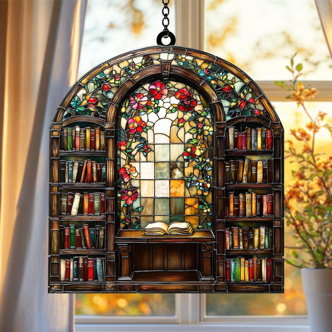 Library Bookshelf ACRYLIC SUNCATCHER Library Window Hanging NOT Glass ...