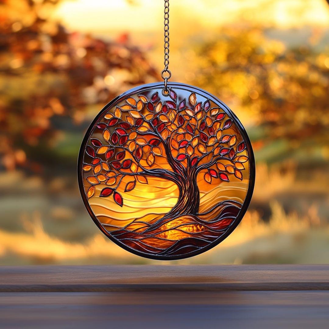 Autumn Tree Glass Suncatcher Acrylic Ornamnent Window Hanging Fall ...