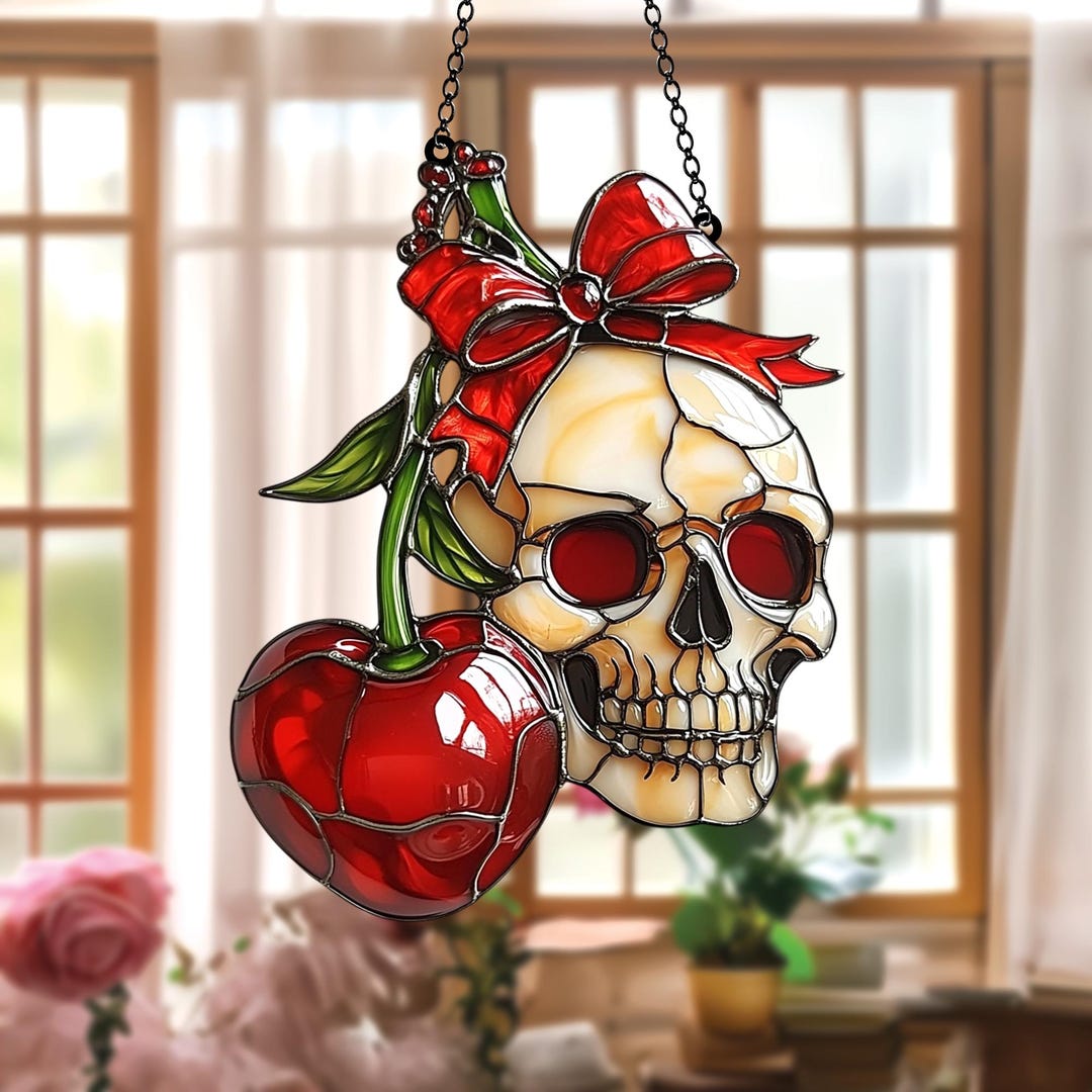 Goth Cherry Skull Acrylic Suncatcher, Red Halloween Faux Stained Glass ...