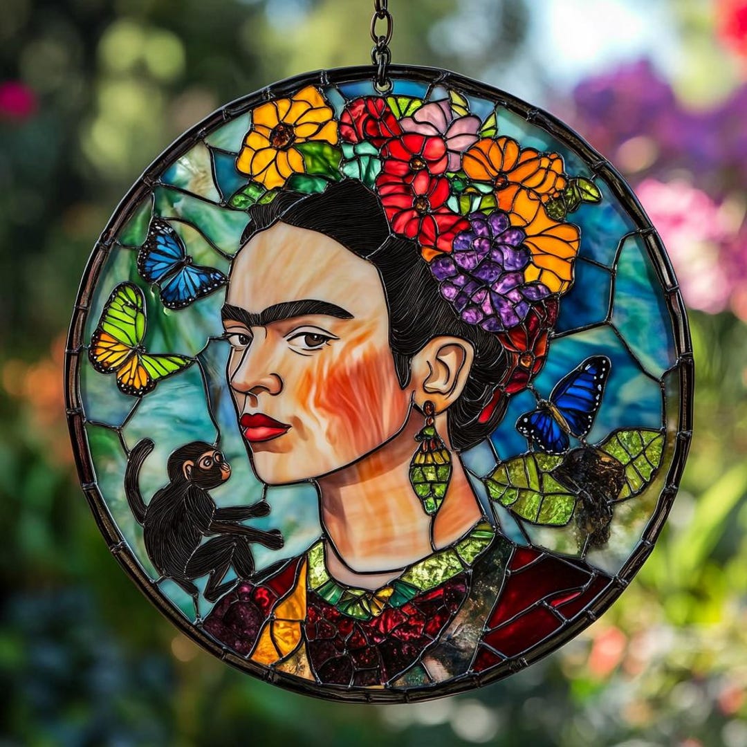 Mexican Frida Kahlo Acrylic Suncatcher, Faux Stained Glass Window Hanging With Flowers and ...