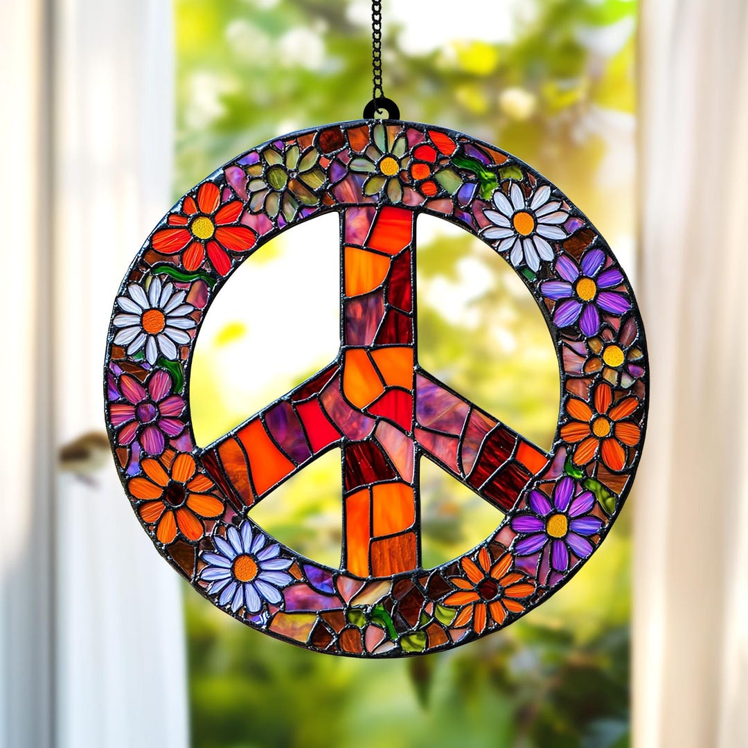 Peace Sign Suncatcher Acrylic Hanging, Faux Stained Glass Peace Sign ...