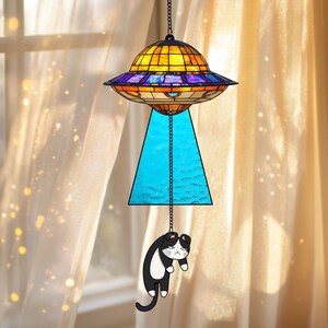 Funny UFO Cat Acrylic Suncatcher, Faux Stained Glass Alien Abduction ...