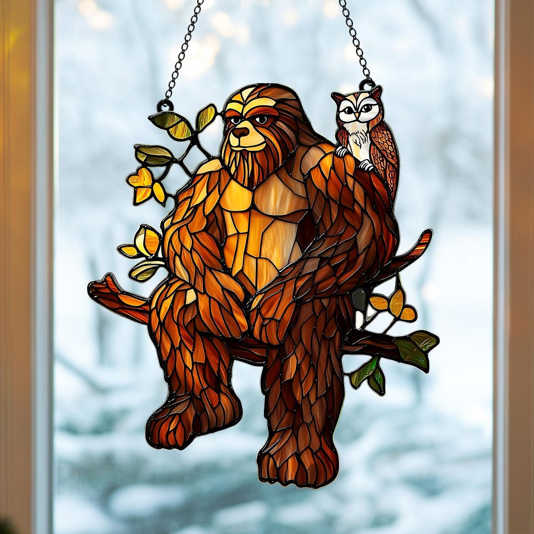 Bigfoot and Owl Faux Stained Glass Suncatcher, Acrylic Forest Cryptid ...