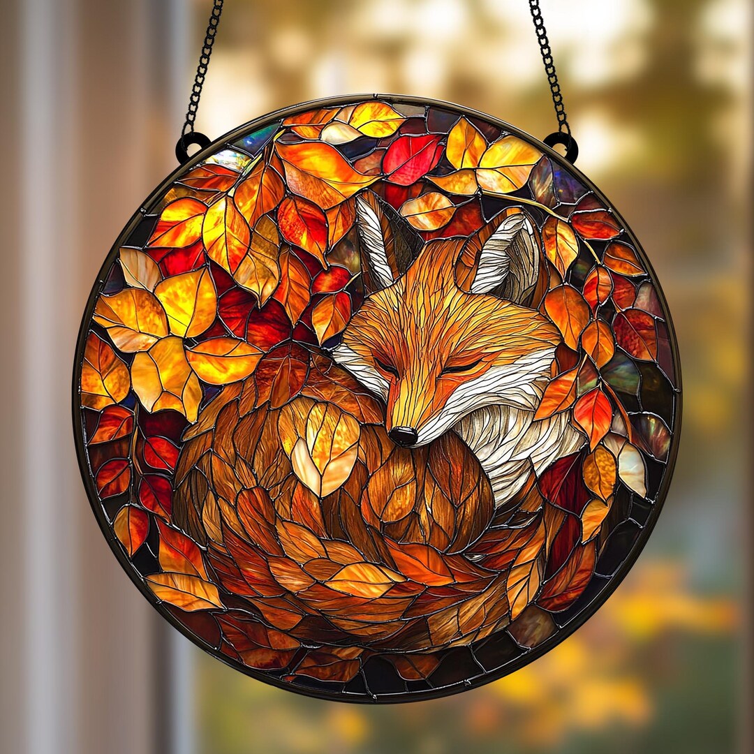 Fox Faux Stained Glass Window Hanging, 2D Flat Suncatcher, Home Decor ...