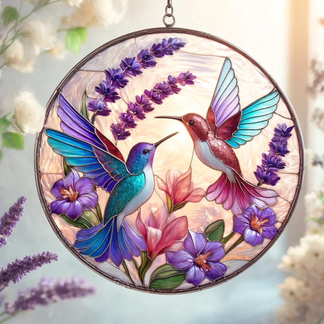 Hummingbirds Purple Lavender Flowers Acrylic Glass Suncatcher Birds ...