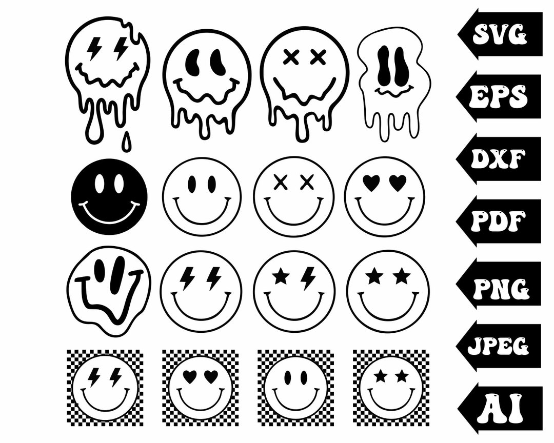 Smiley Face Svg, Drippy Smiley Svg, Melting Smiley Svg, Checker Smiley ...