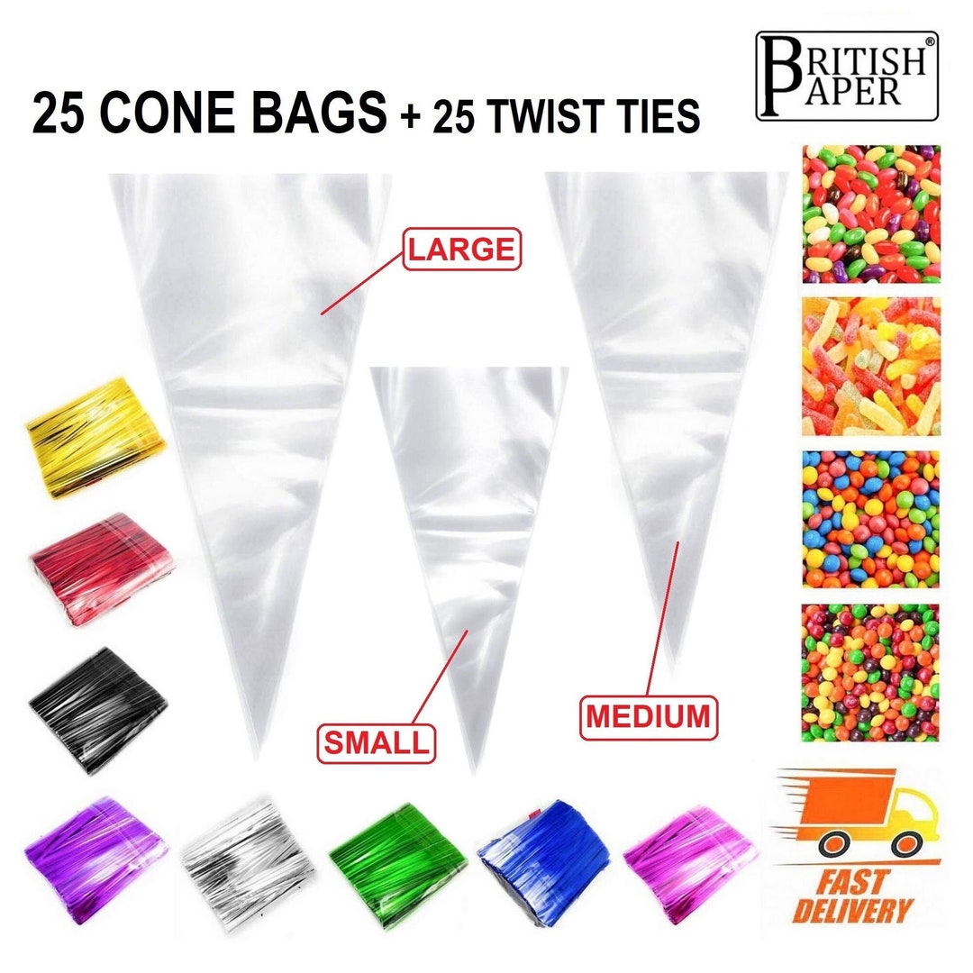 25 Clear Cellophane Cone Bags With Twist Ties: Party Favor Treat Bags ...