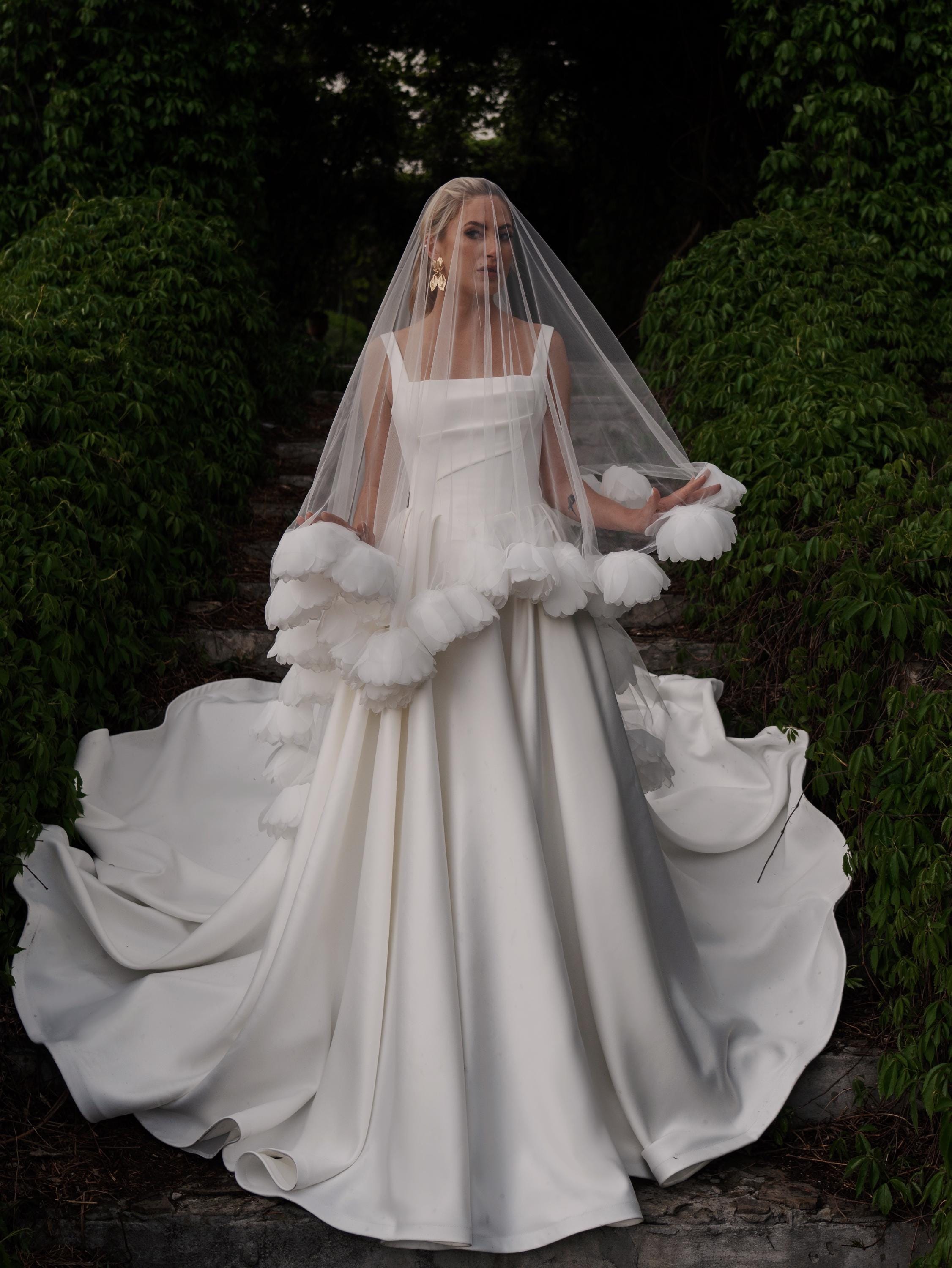 Princess Satin Wedding Dress With Corset Back, Draped Neckline, Straps ...