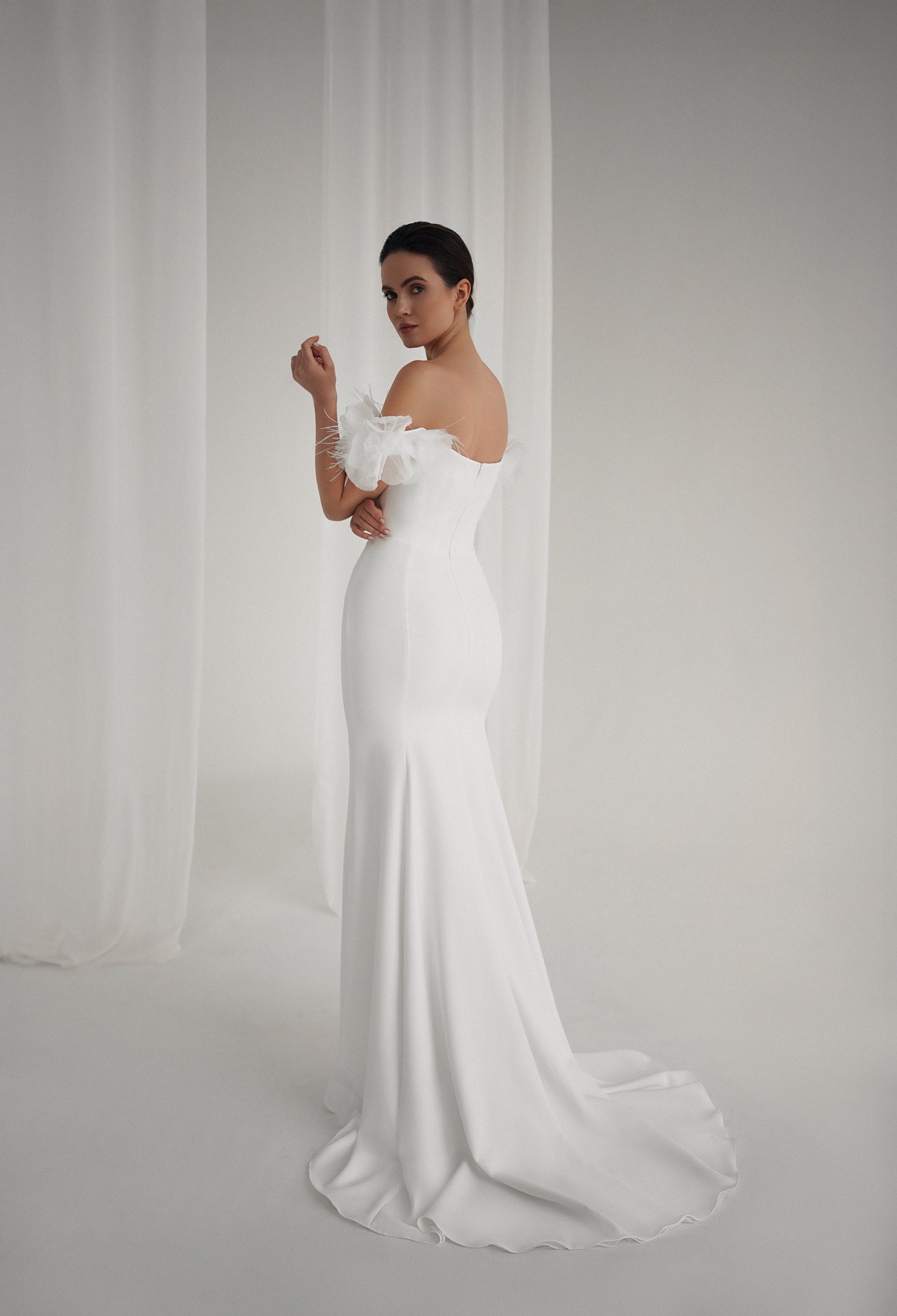 White Satin Off-shoulder Bridal Gown With Small Tulle Sleeves. Simple ...