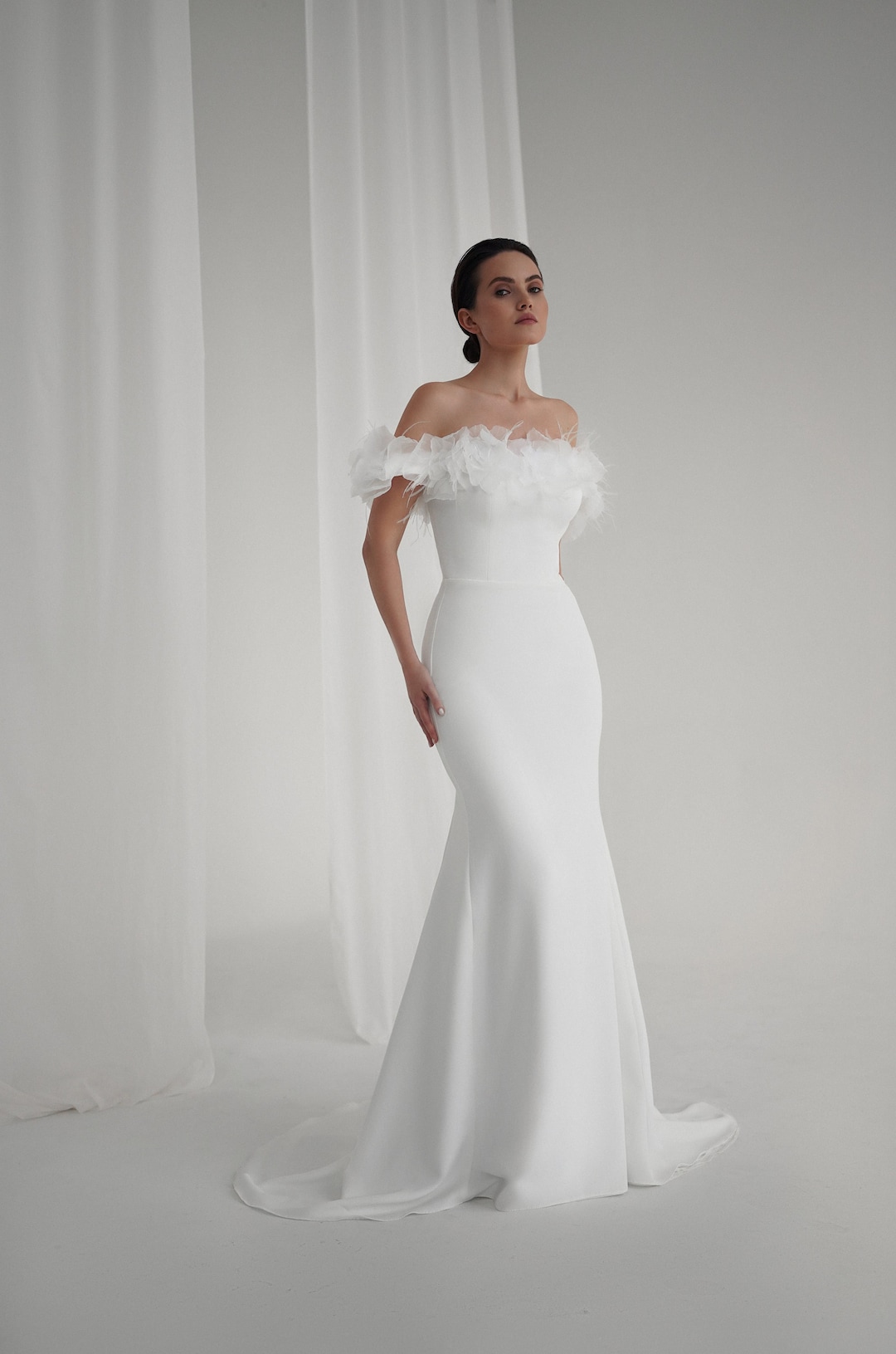 White Satin Off-shoulder Bridal Gown With Small Tulle Sleeves. Simple ...