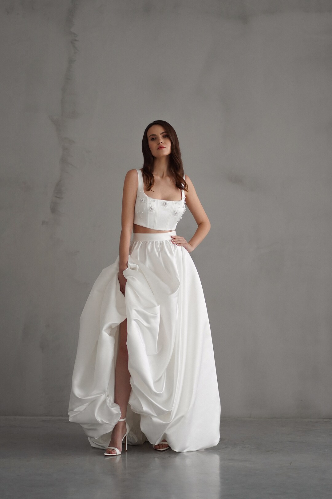 Luxurious Modern Satin Wedding Dress With Beaded Crop Top and High-slit ...