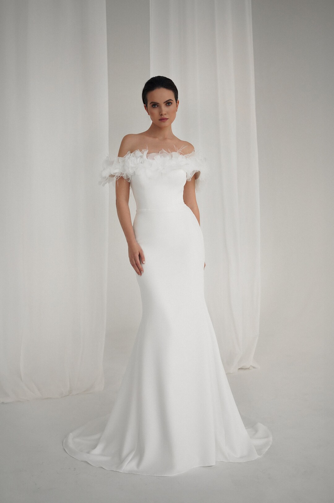White Satin Off-shoulder Bridal Gown With Small Tulle Sleeves. Simple ...