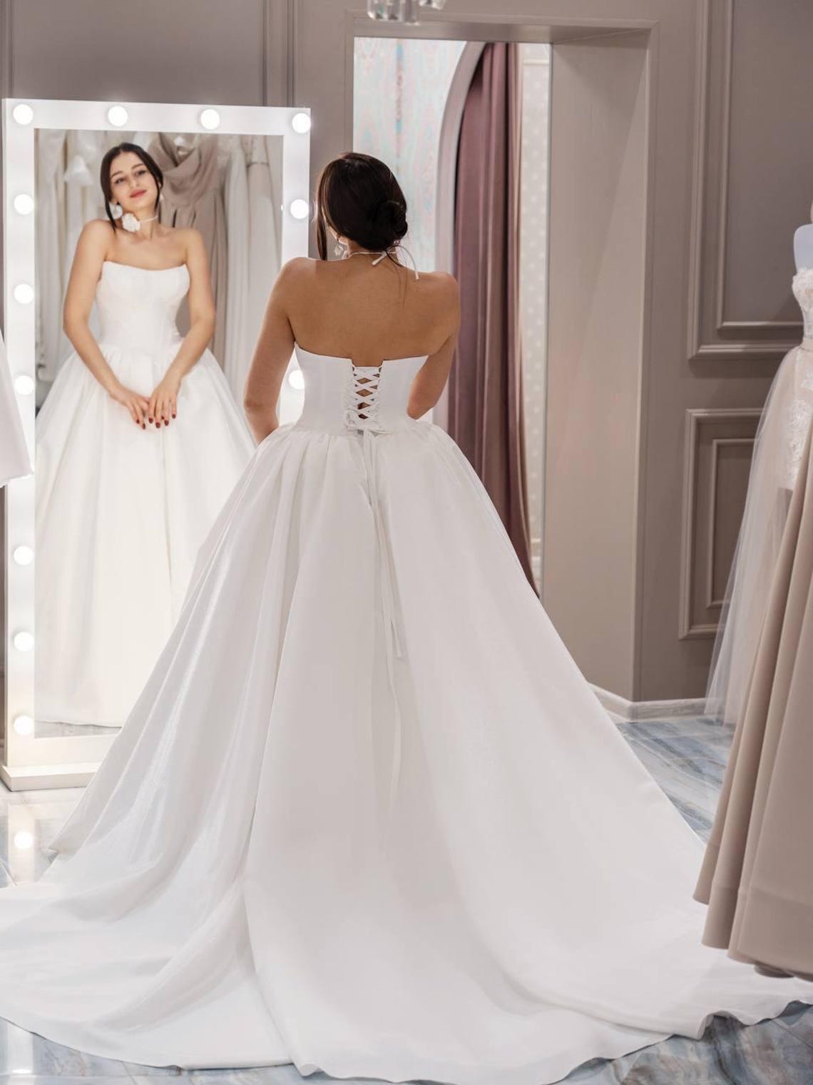 Elegant Satin Wedding Dress With Corset Bodice, Square Neckline, Basque ...