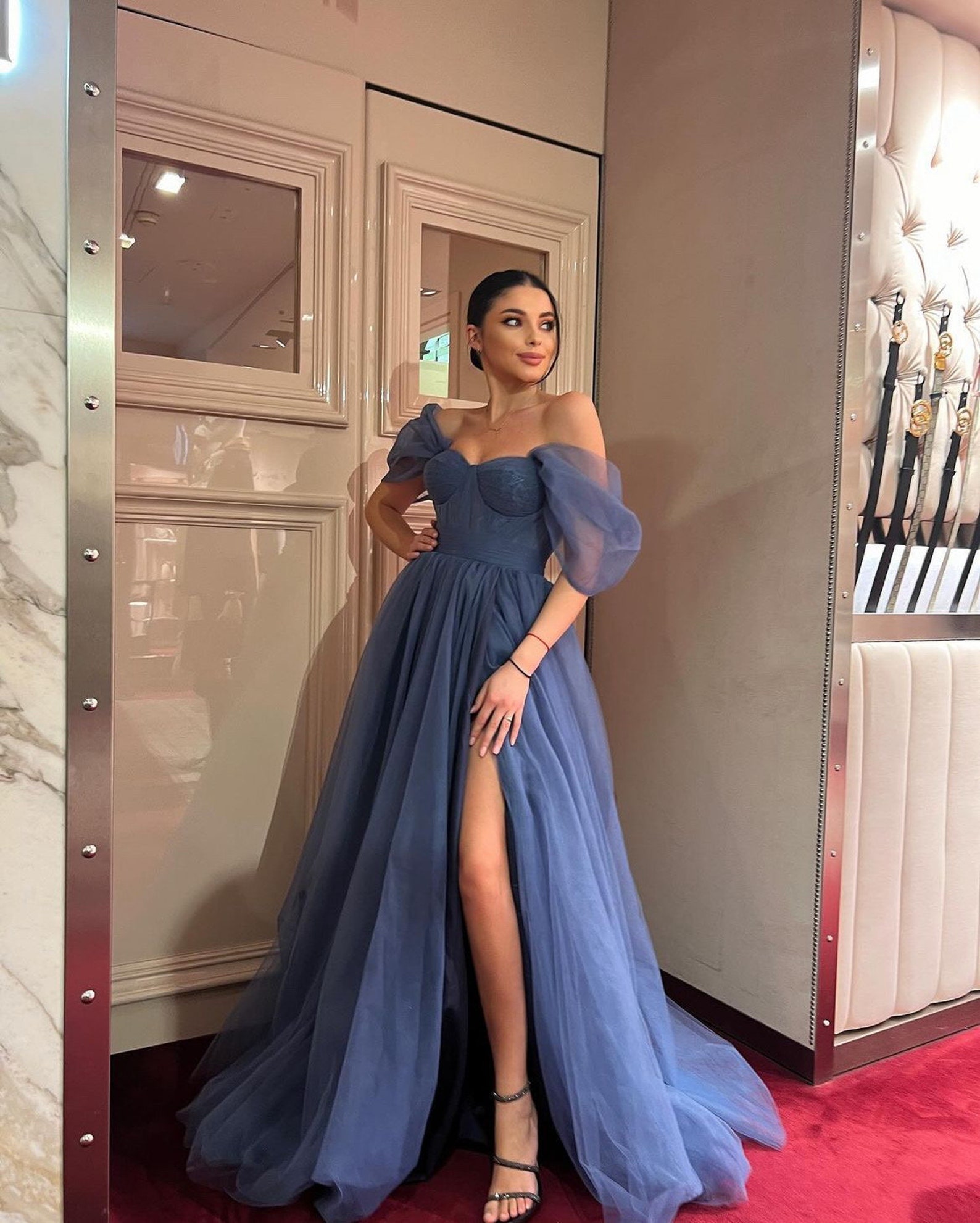 Blue Tulle Dress, Prom Dress, Engagement Dress, Low Shoulder Dress ...