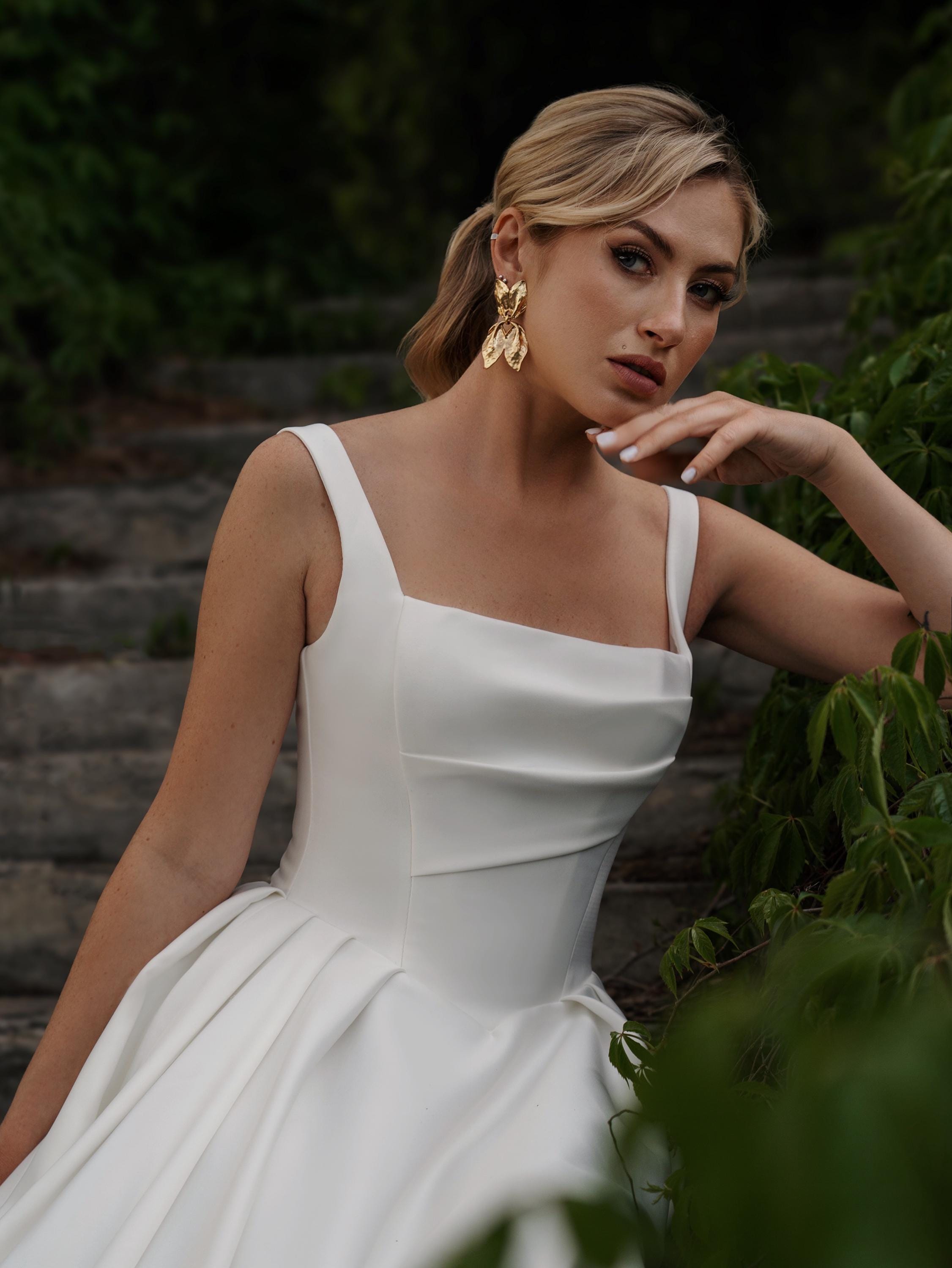 Princess Satin Wedding Dress With Corset Back, Draped Neckline, Straps ...