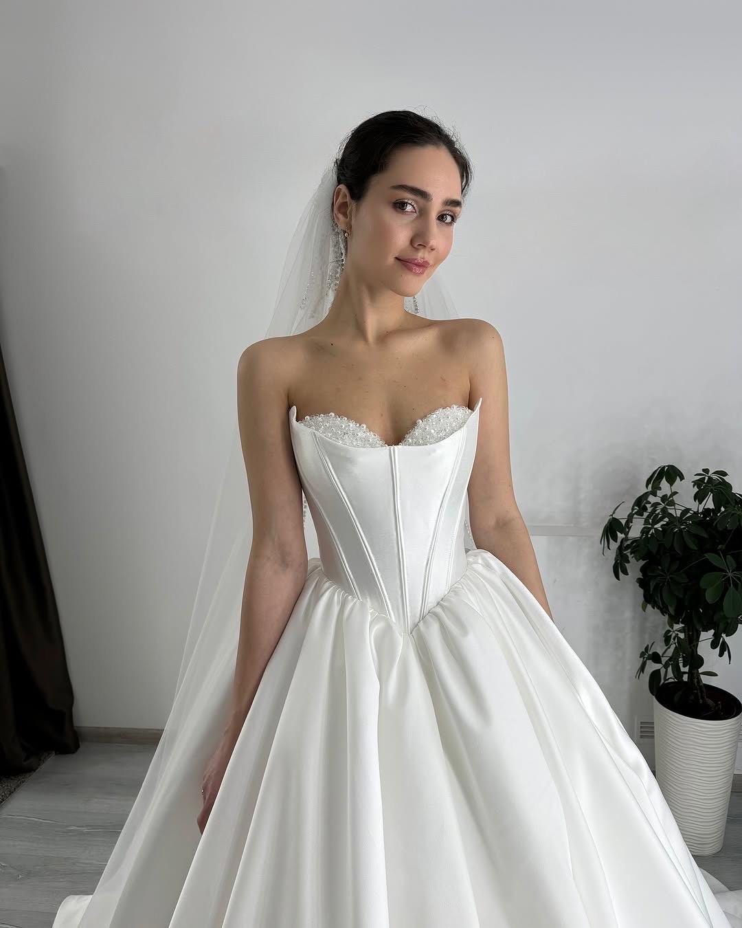 Luxury Mikado Wedding Dress - Basque Corset Ball Gown - Pearl & Crystal ...