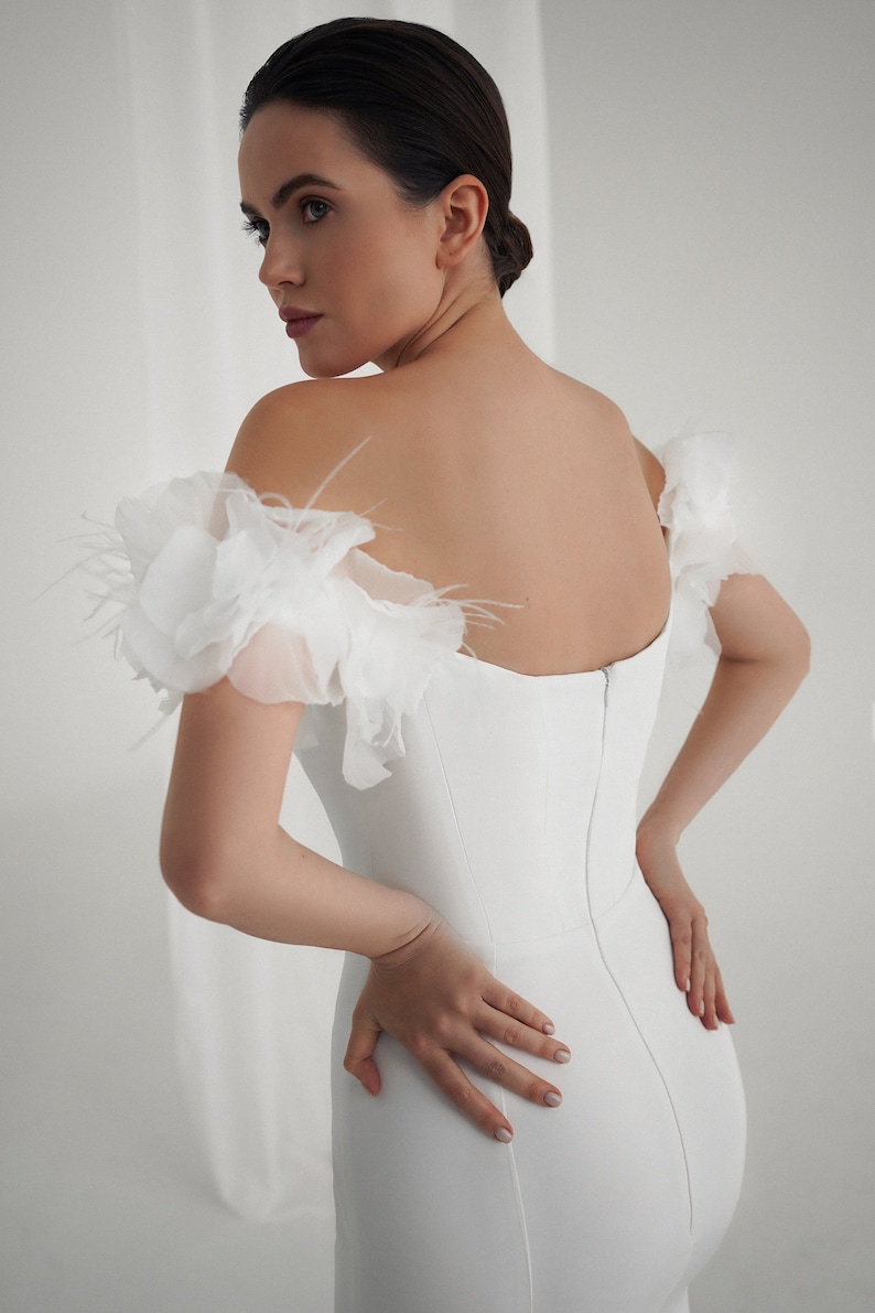 White Satin Off-shoulder Bridal Gown With Small Tulle Sleeves. Simple ...