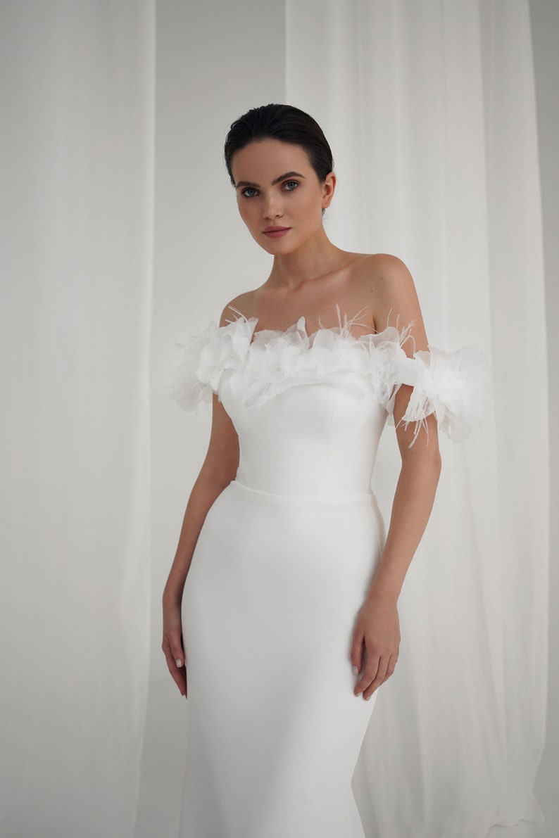 White Satin Off-shoulder Bridal Gown With Small Tulle Sleeves. Simple ...