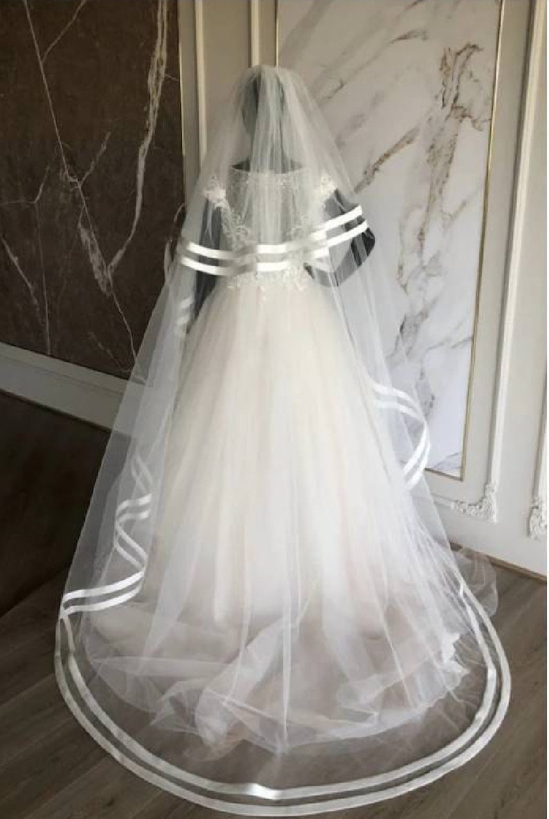 Two-tier Satin Ribbon Edge Bridal Veil, Classic Long Veil With ...