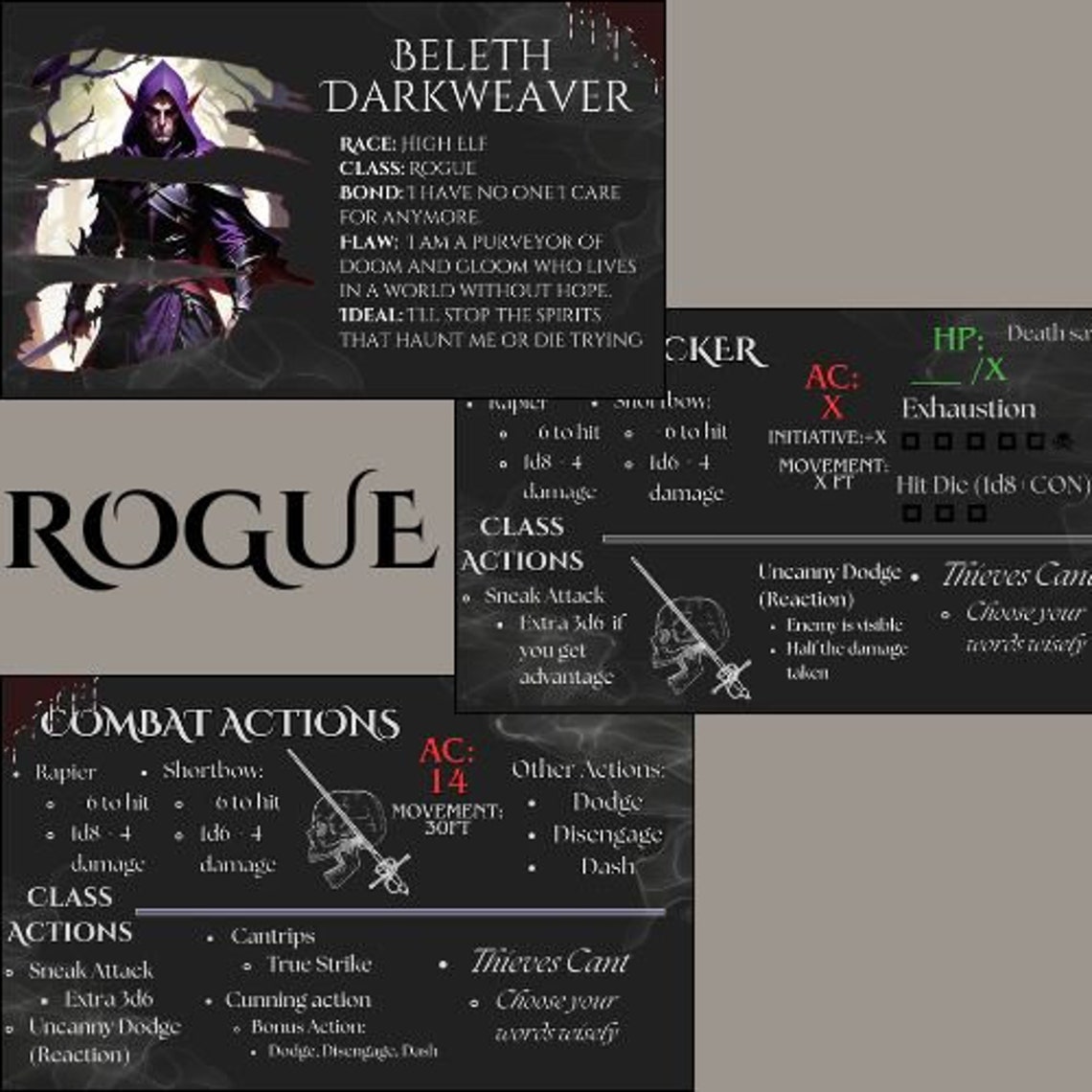 Customizable D&D Character Reference Cards laminated 5x7 Declutter ...