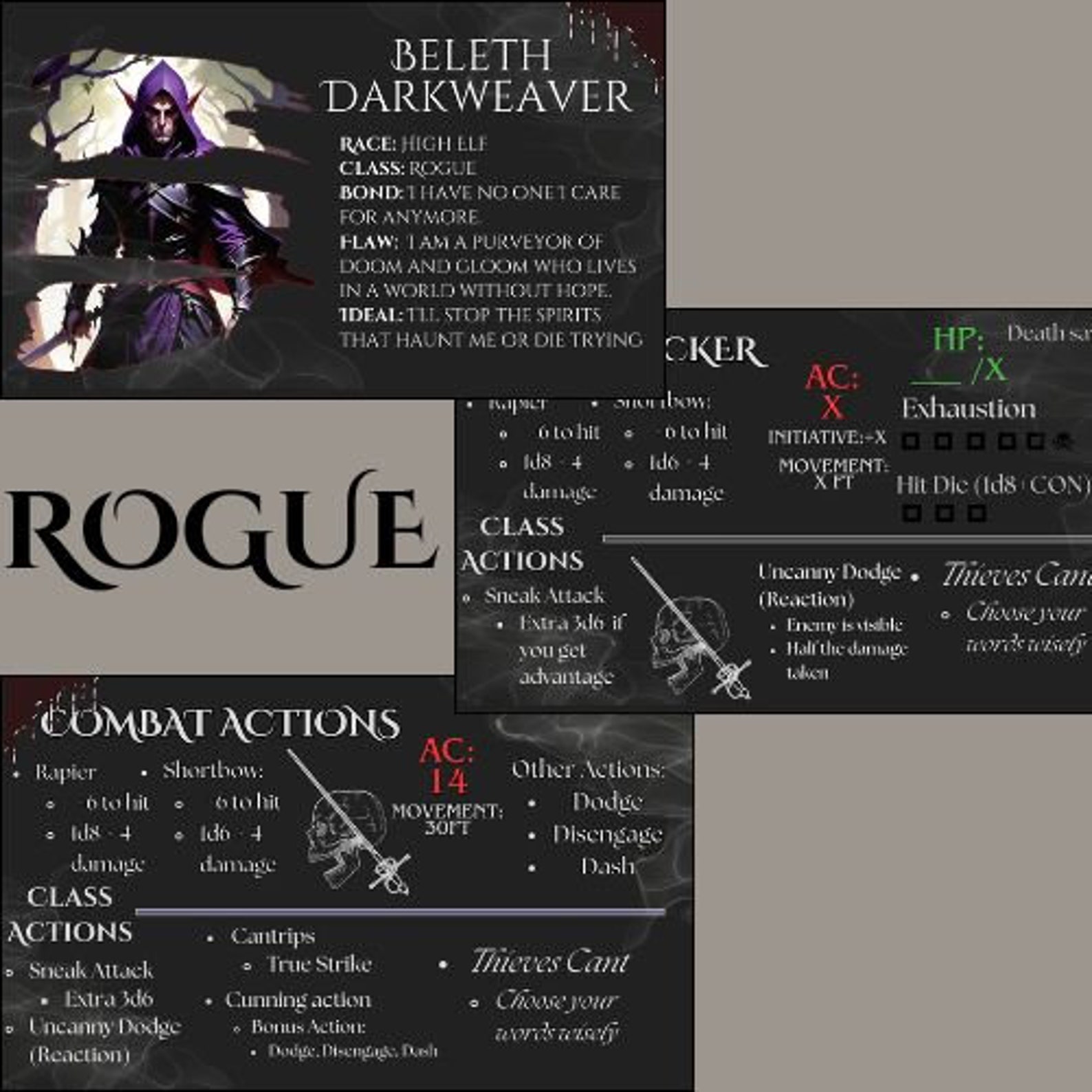 Customizable D&D Character Reference Cards laminated 5x7 Declutter ...