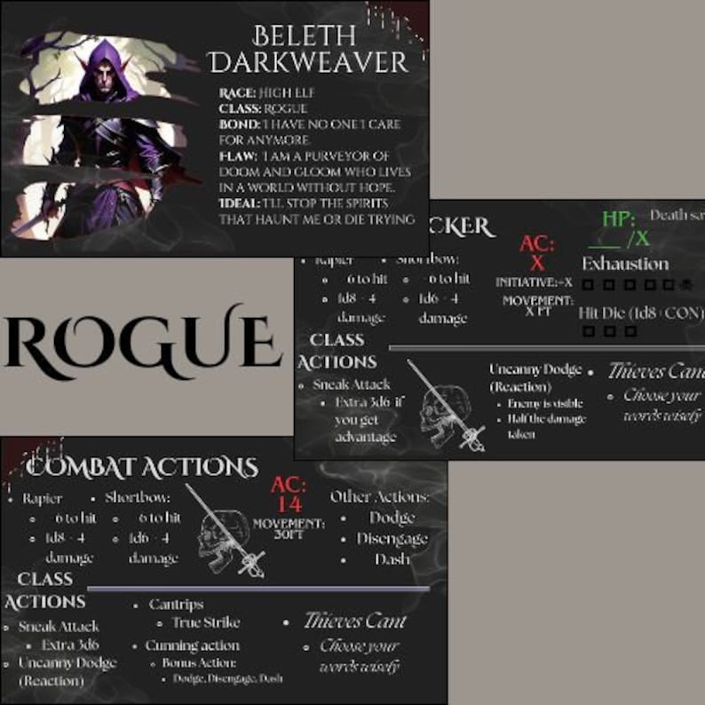 Customizable D&D Character Reference Cards laminated 5x7 Declutter ...