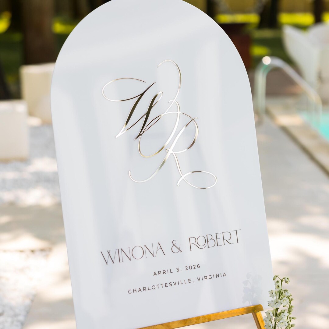 Arched White Acrylic Wedding Welcome Sign - 3D Silver Mirror Initials ...