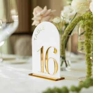 Arched White Acrylic Table Numbers - 5x7 Wedding Table Sign - Gold ...