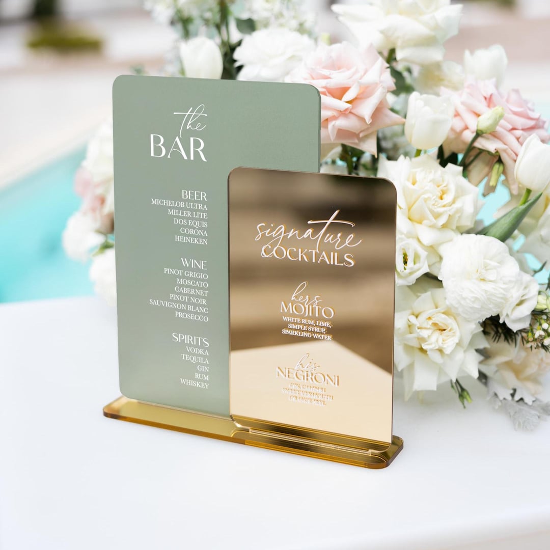Sage Green and Gold Mirror Bar Sign - Acrylic Wedding Bar Menu ...