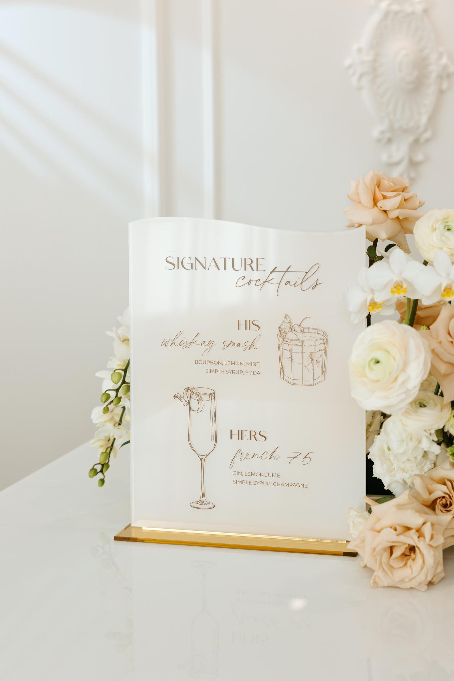 Beige Acrylic Bar Sign - Wedding Bar Menu - Gold Mirror Cocktail Menu ...
