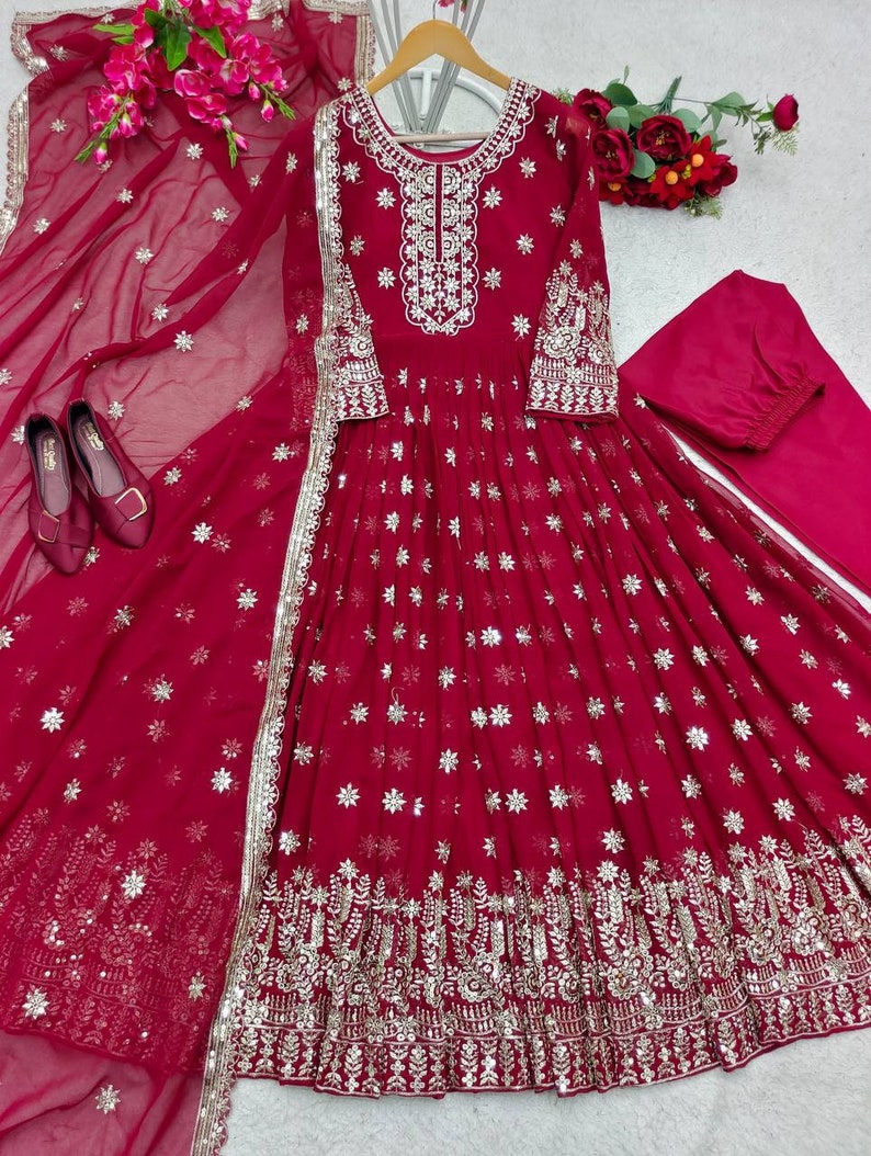 Premium Fully Embroidered Red Gown Pent With Dupatta Set for Women ...