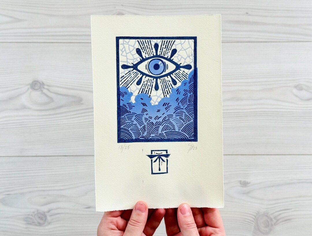The Eye Hand-printed Small Linocut Art 24x16 Cm, Delft Blue Inspired - Etsy