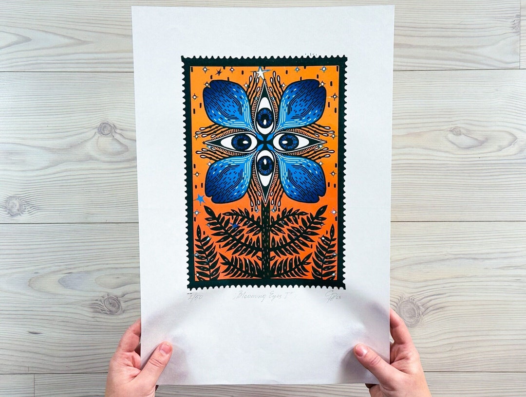 Blooming Eyes I Hand-printed Linocut Art 44x29.5 Cm - Etsy