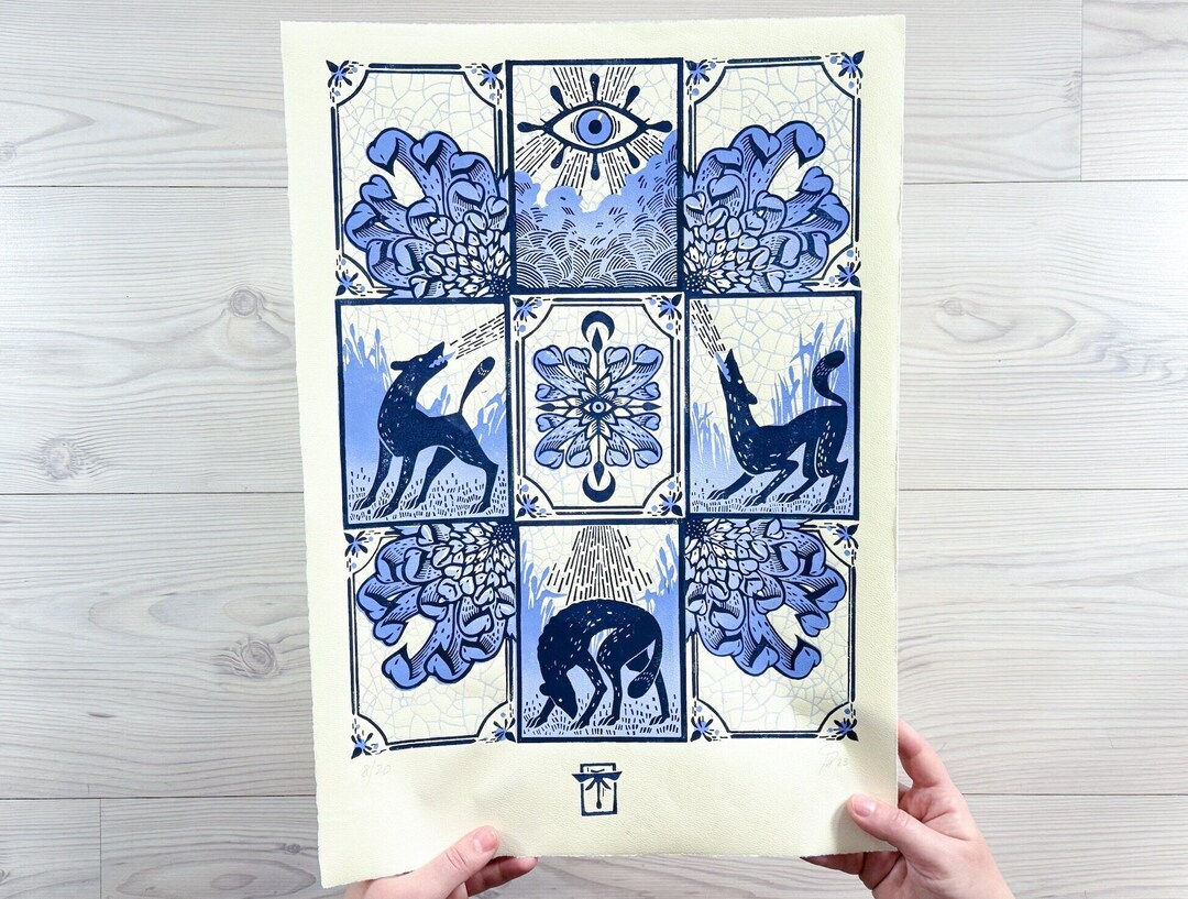 The Evil Eye Hand-printed Large Linocut Art 34x48 Cm, Delft Blue ...