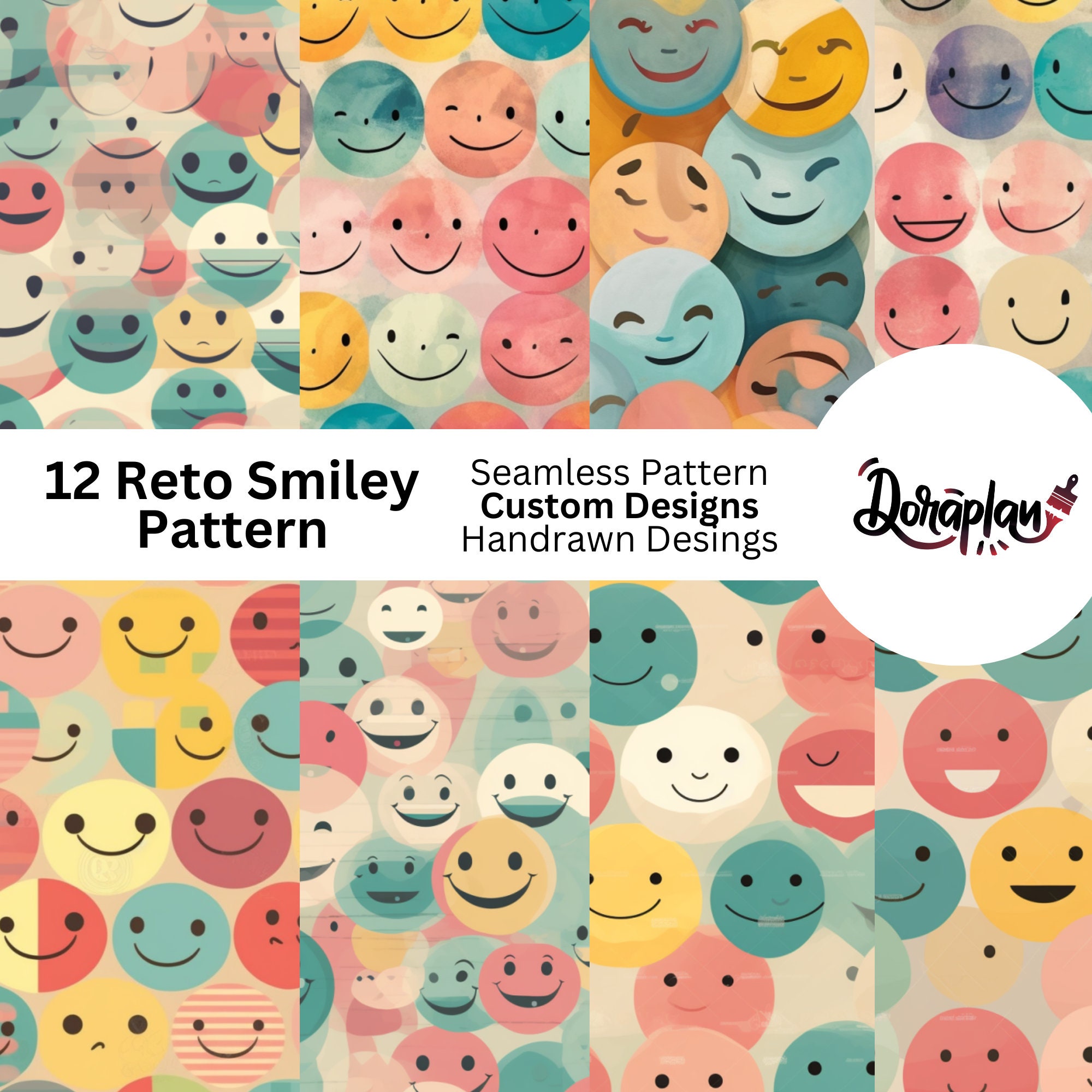 RETRO SMILEY FACES, Retro Happy Face Seamless Pattern, Smile Face Retro ...