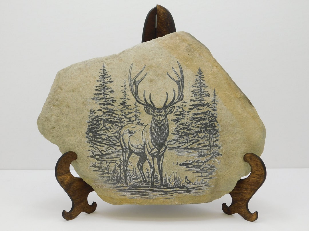 Exquisite Laser-engraved Desert Stone With Bull Elk and Pine - Etsy
